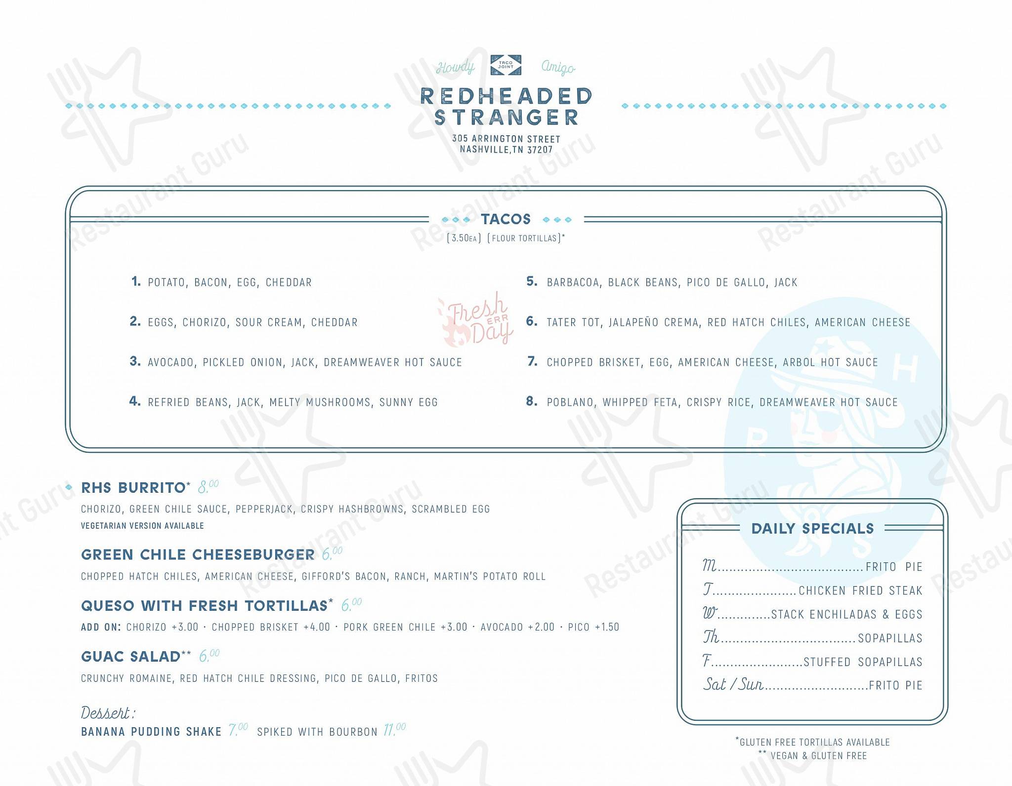 Menu at Redheaded Stranger restaurant, Nashville