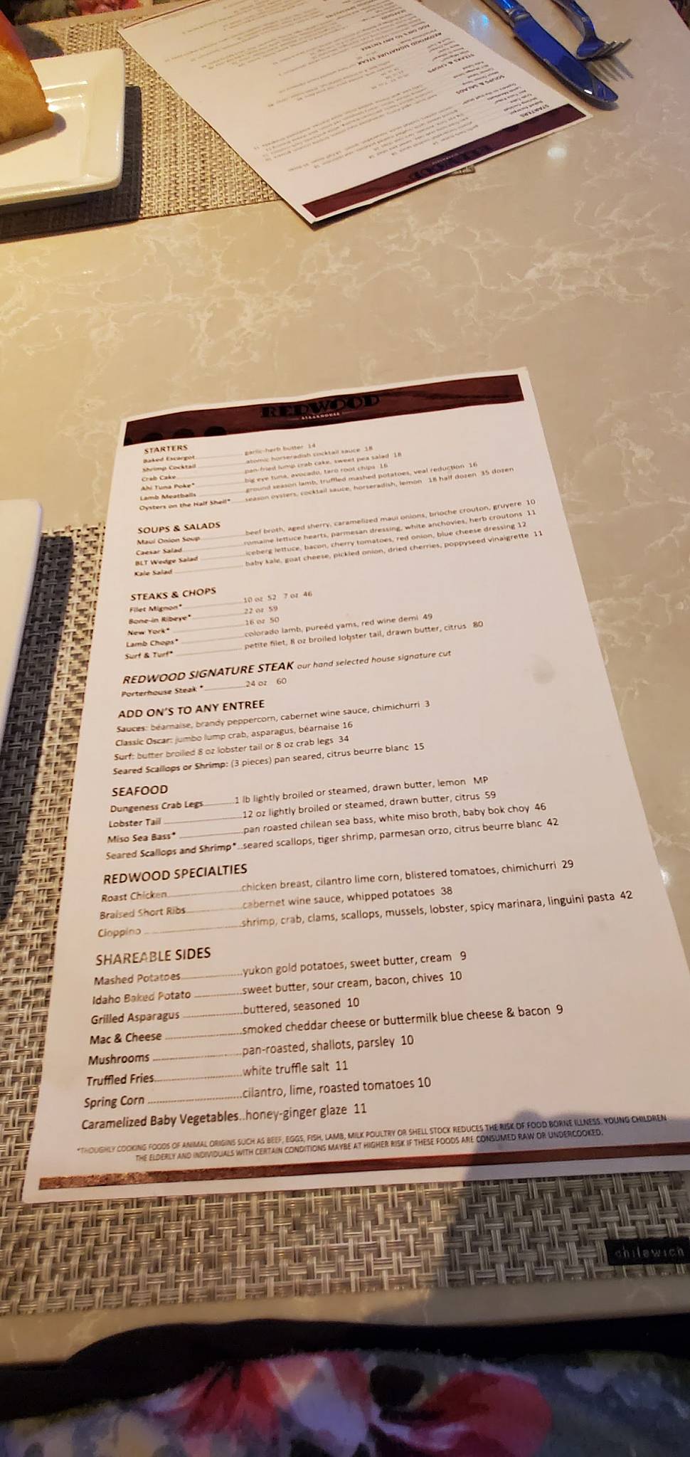 Menu at Redwood Steakhouse, Las Vegas
