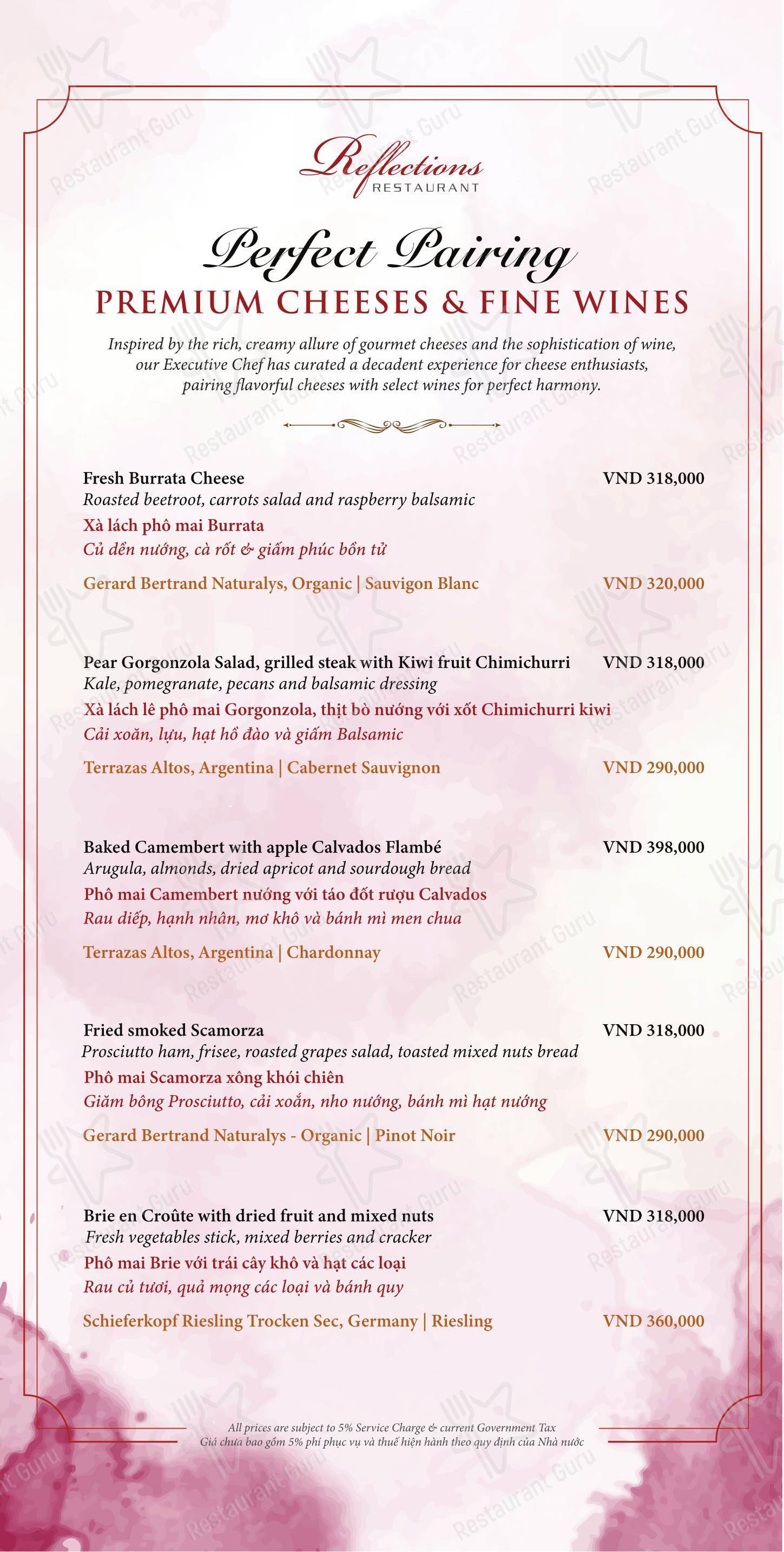 Menu at Reflections restaurant, Ho Chi Minh City, 19 Công trường Lam Sơn
