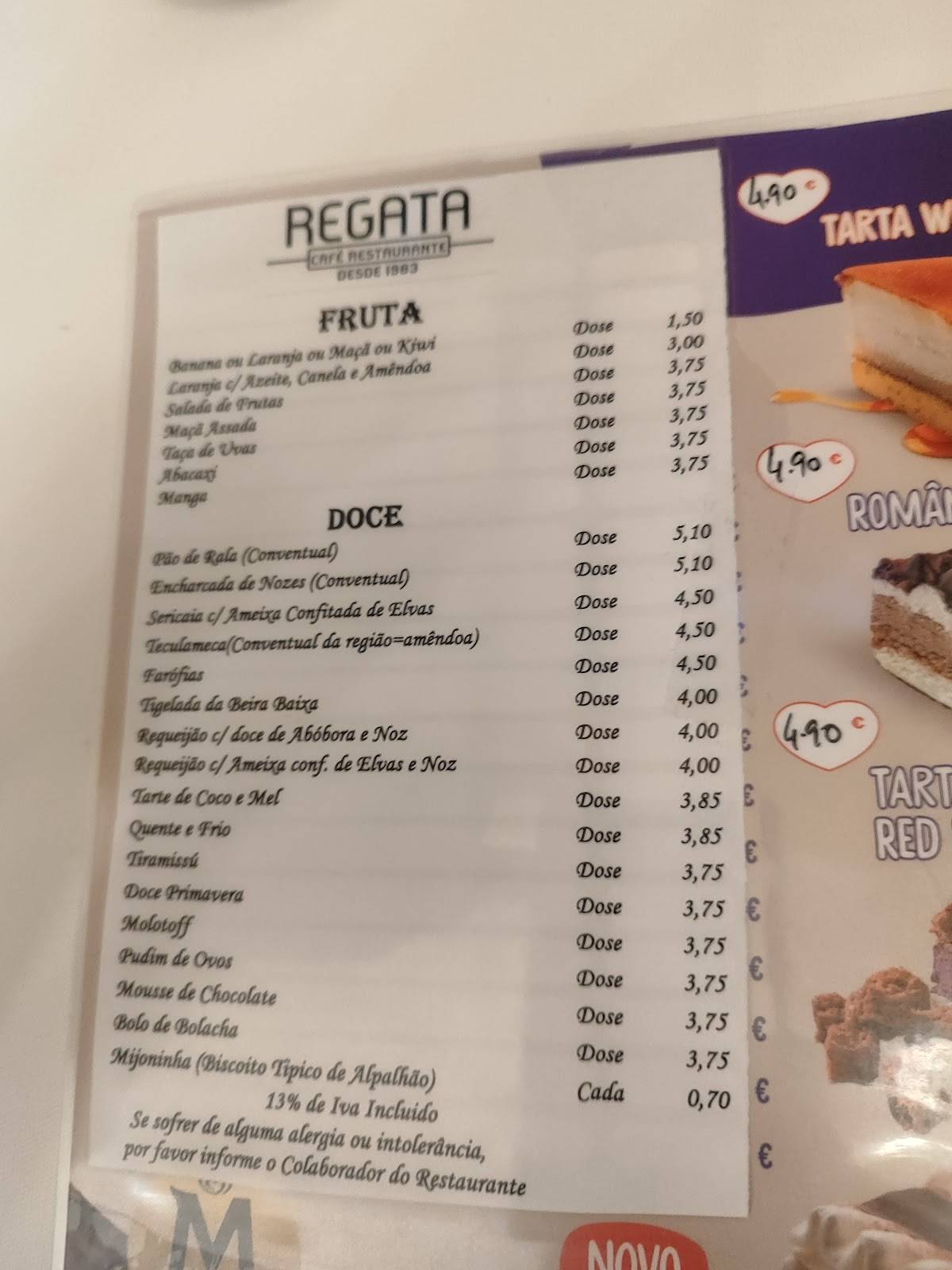 Menu em Regata restaurante, Alpalhão