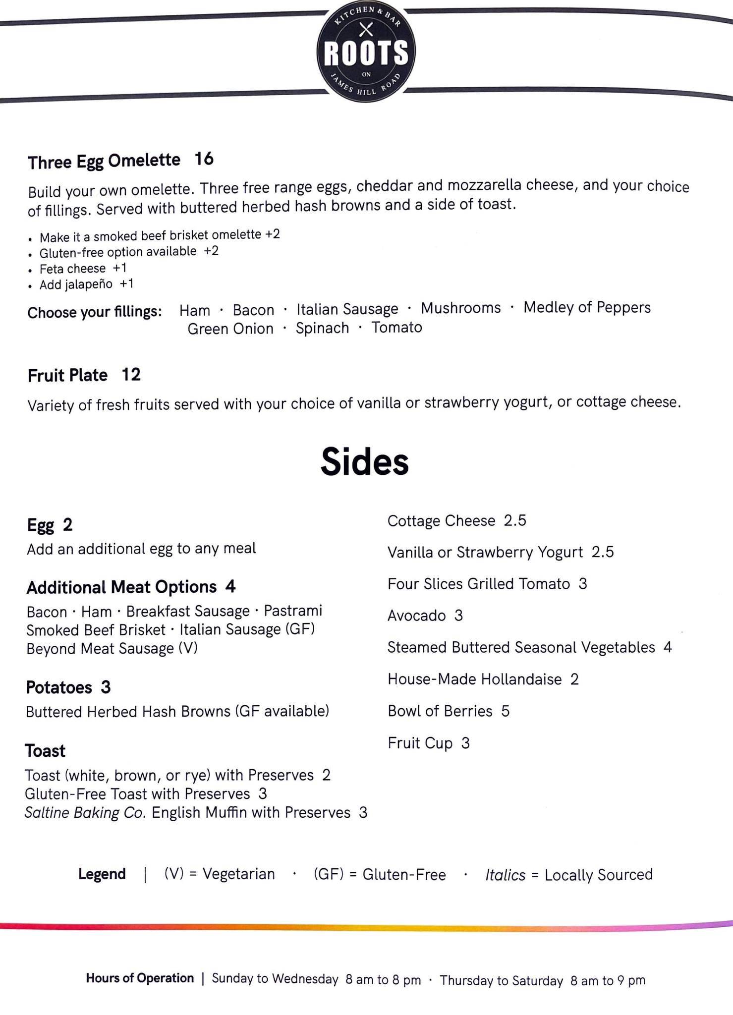 Menu at Roots Kitchen & Bar, Regina