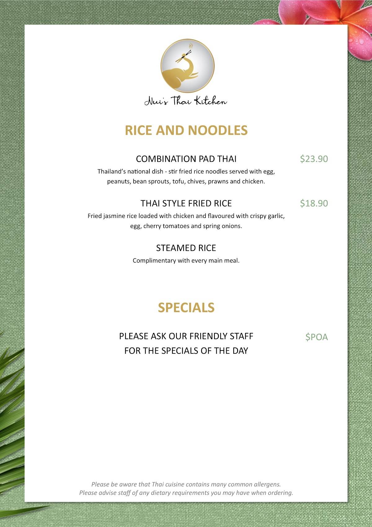 Menu at Nui's Thai Kitchen restaurant, Renmark