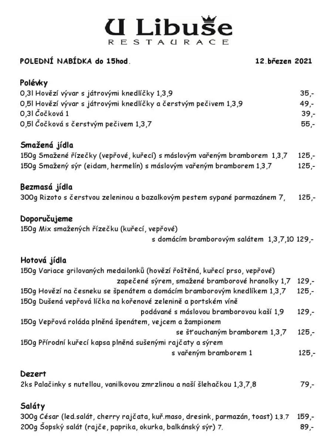 Menu at Restaurace U Libuše restaurant, Prague
