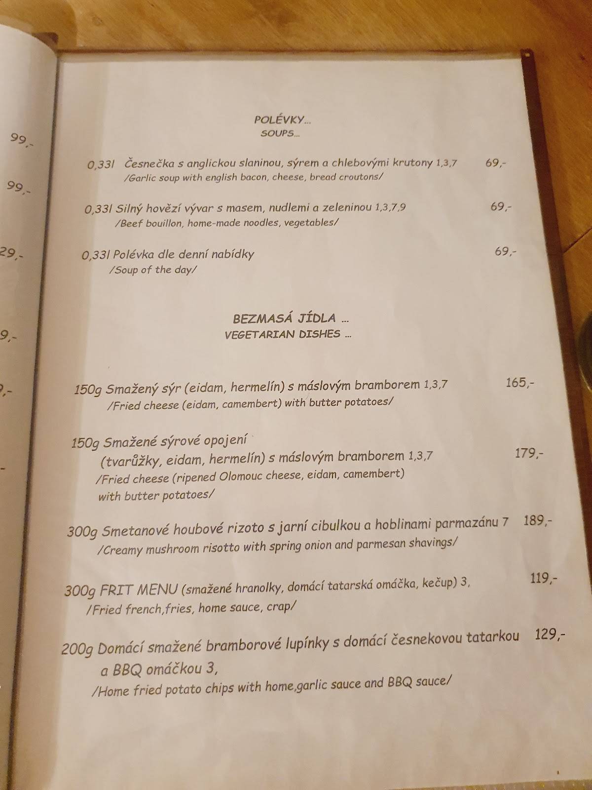 Menu at Restaurace U Libuše restaurant, Prague