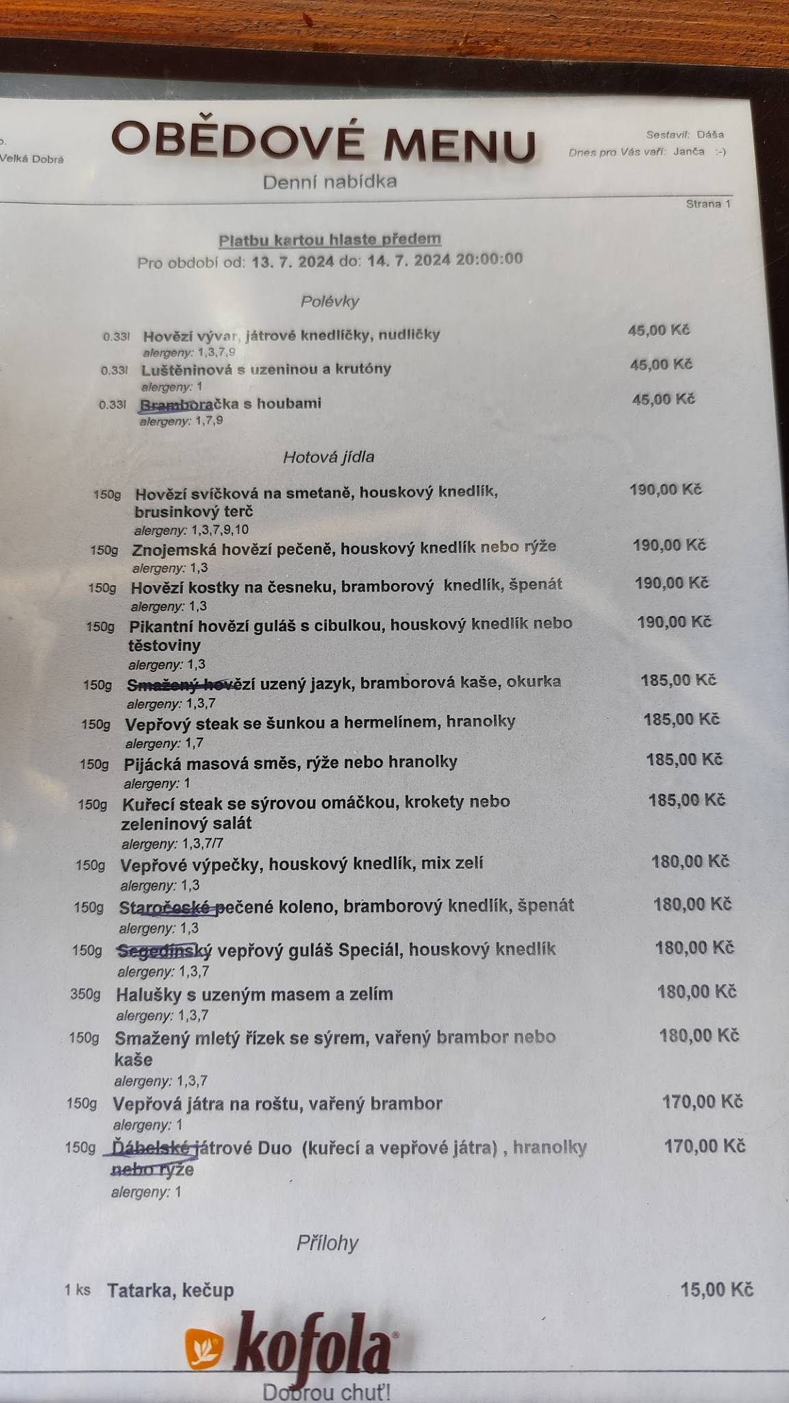 Menu at Restaurace Velká Dobrá restaurant, Velká Dobrá, Karlovarská 315