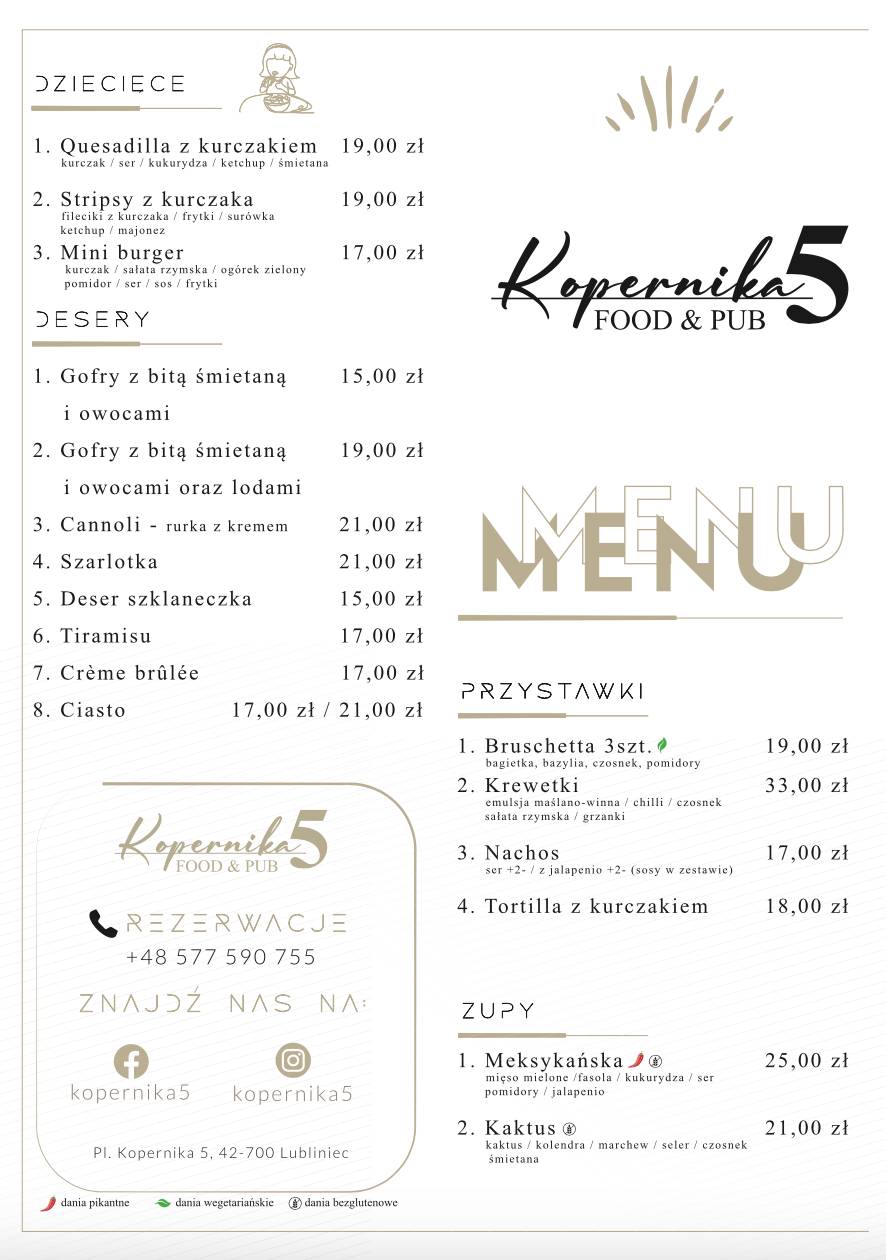 Menu at Restauracja Kopernika 5 restaurant, Lubliniec