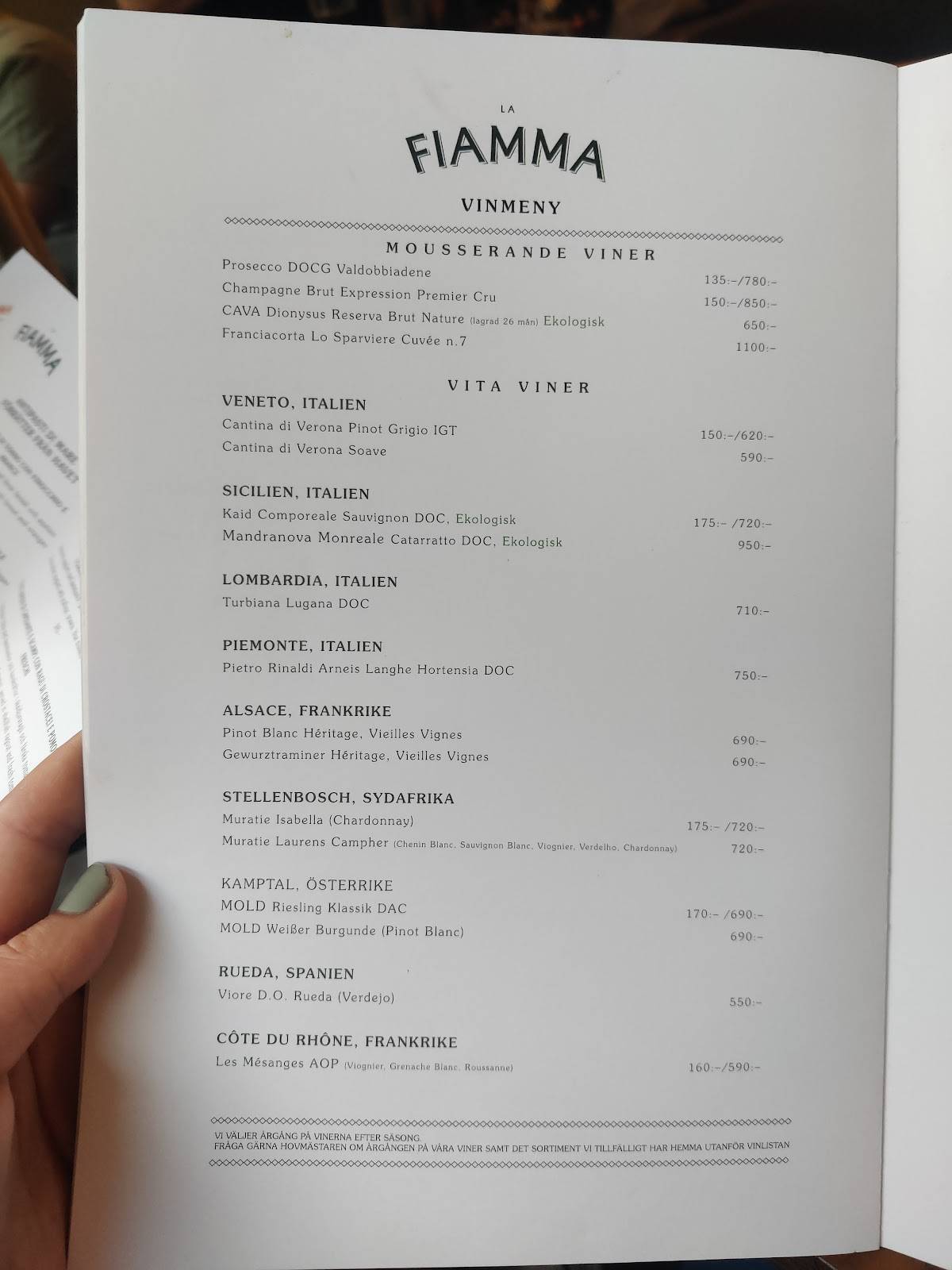 Carta del restaurante Restaurang La Fiamma, Estocolmo