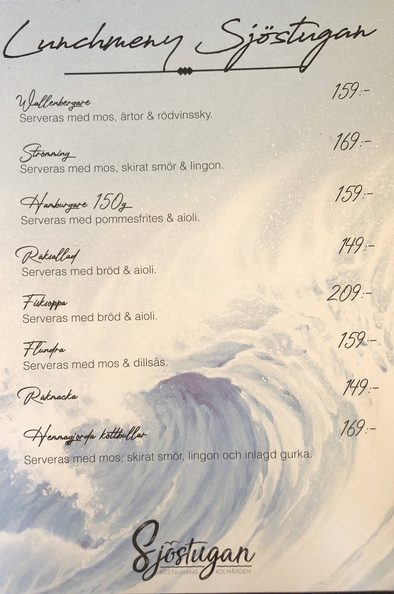 Menu at Restaurang Sjöstugan restaurant, Kolmården, Hamnbacken 8