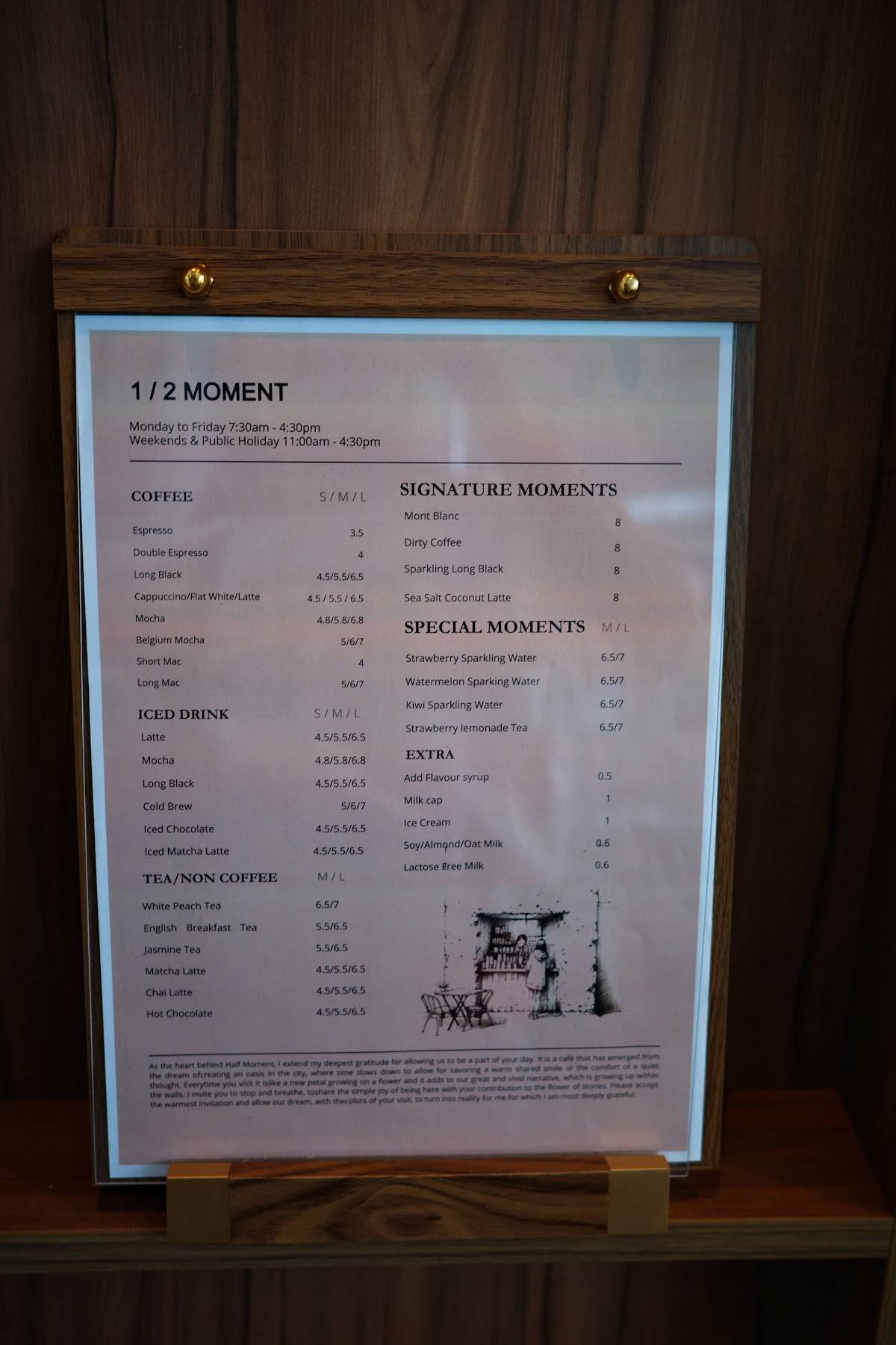 Menu at 1/2 Moment Cafe, Perth