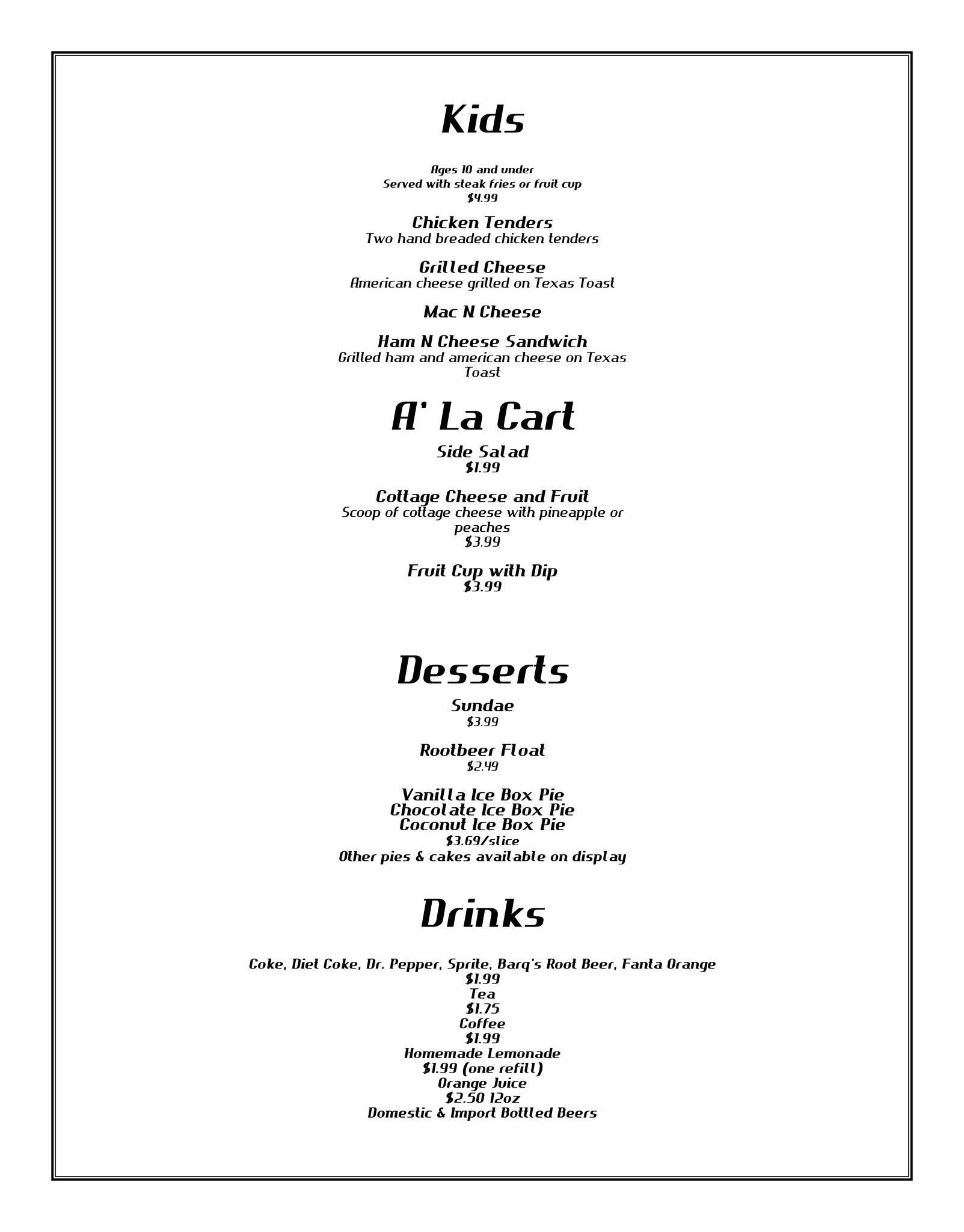 Menu at 1838 Grill restaurant, Seguin