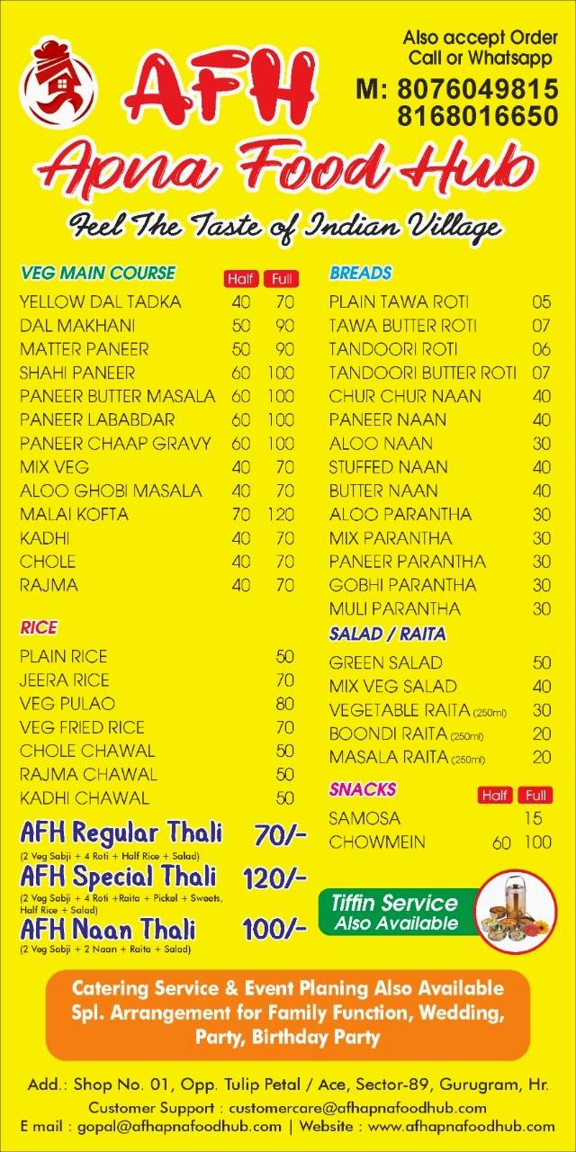 Menu at AFH Apna food hub, Gurugram