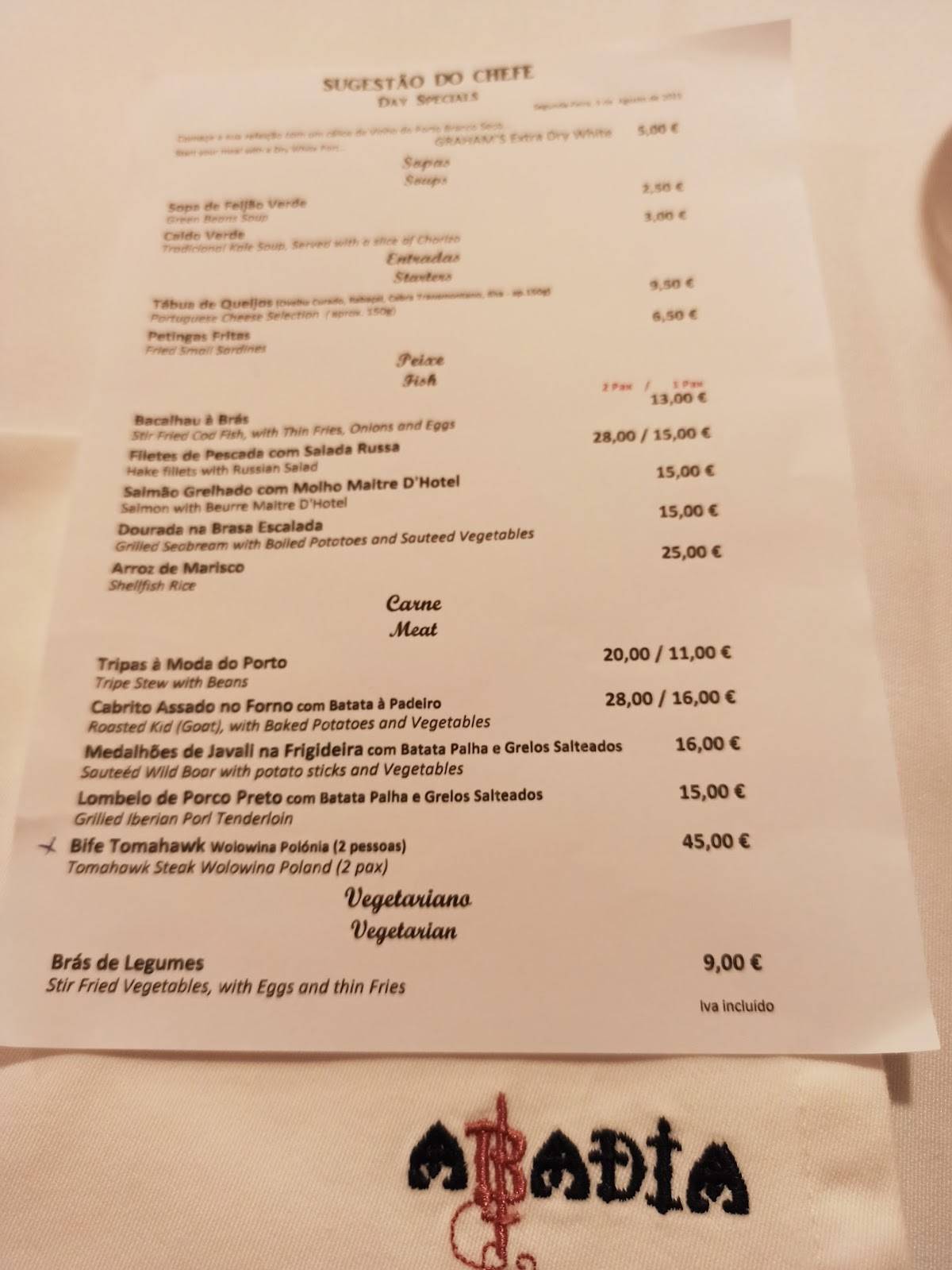 Menu at Abadia do Porto restaurant, Porto