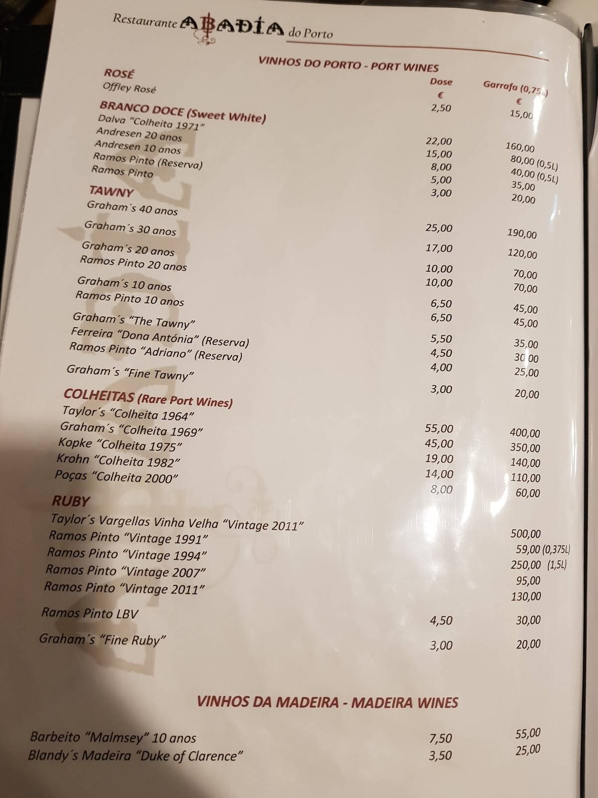 Menu at Abadia do Porto restaurant, Porto