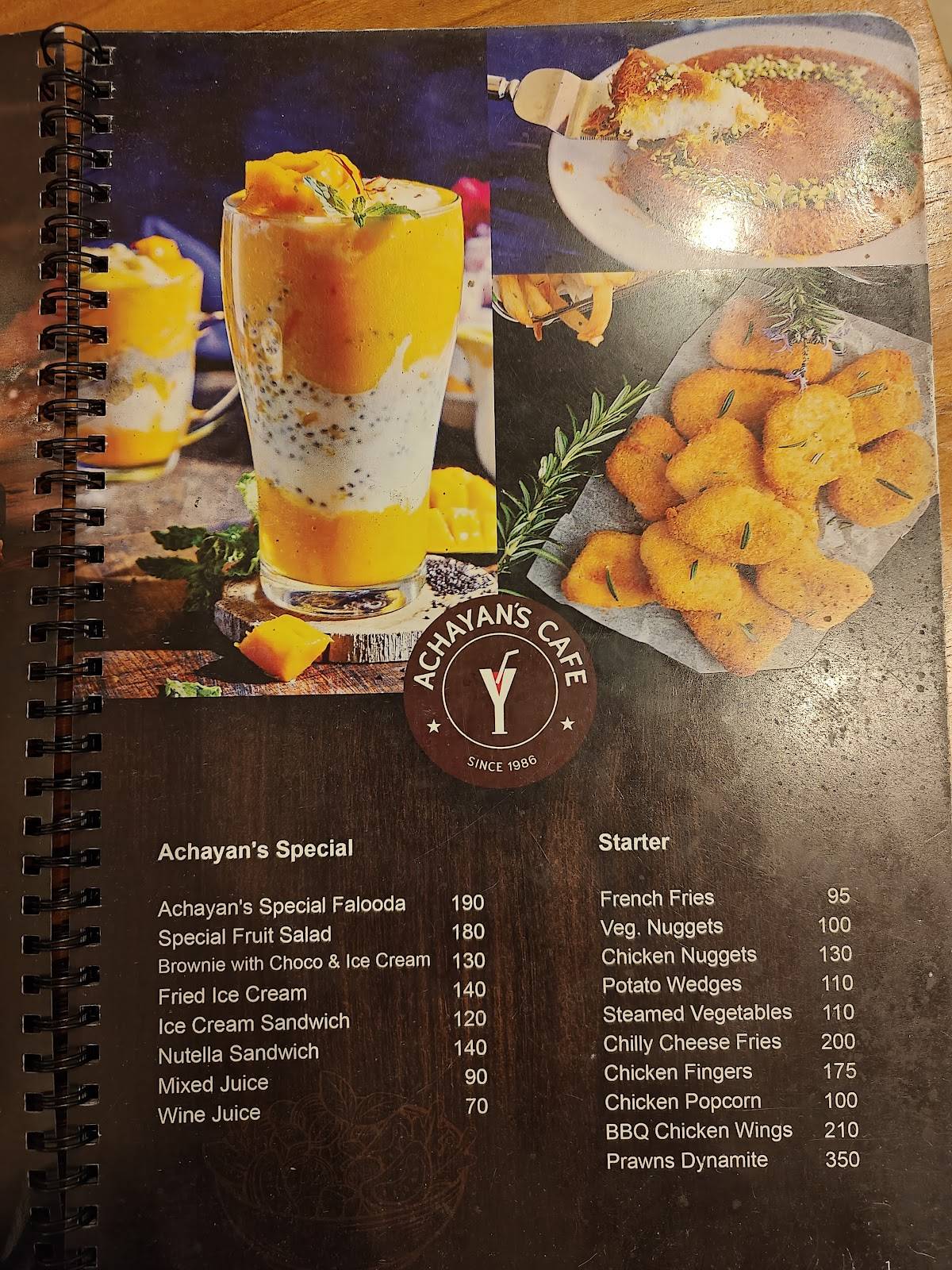 Menu at Achayan’s Cafe, Changanassery