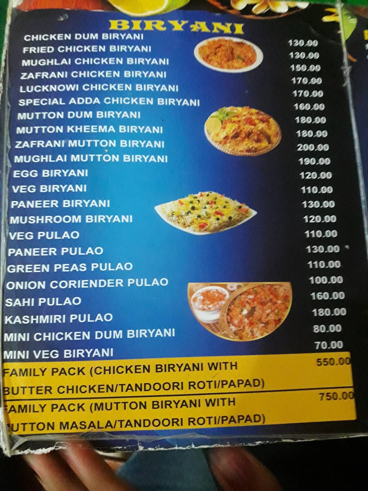 Menu at Adda Biryani Hub, Sambalpur