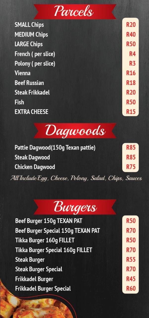 Menu at Akhalwaya's! Robertsham restaurant, Johannesburg, 33 Giles St