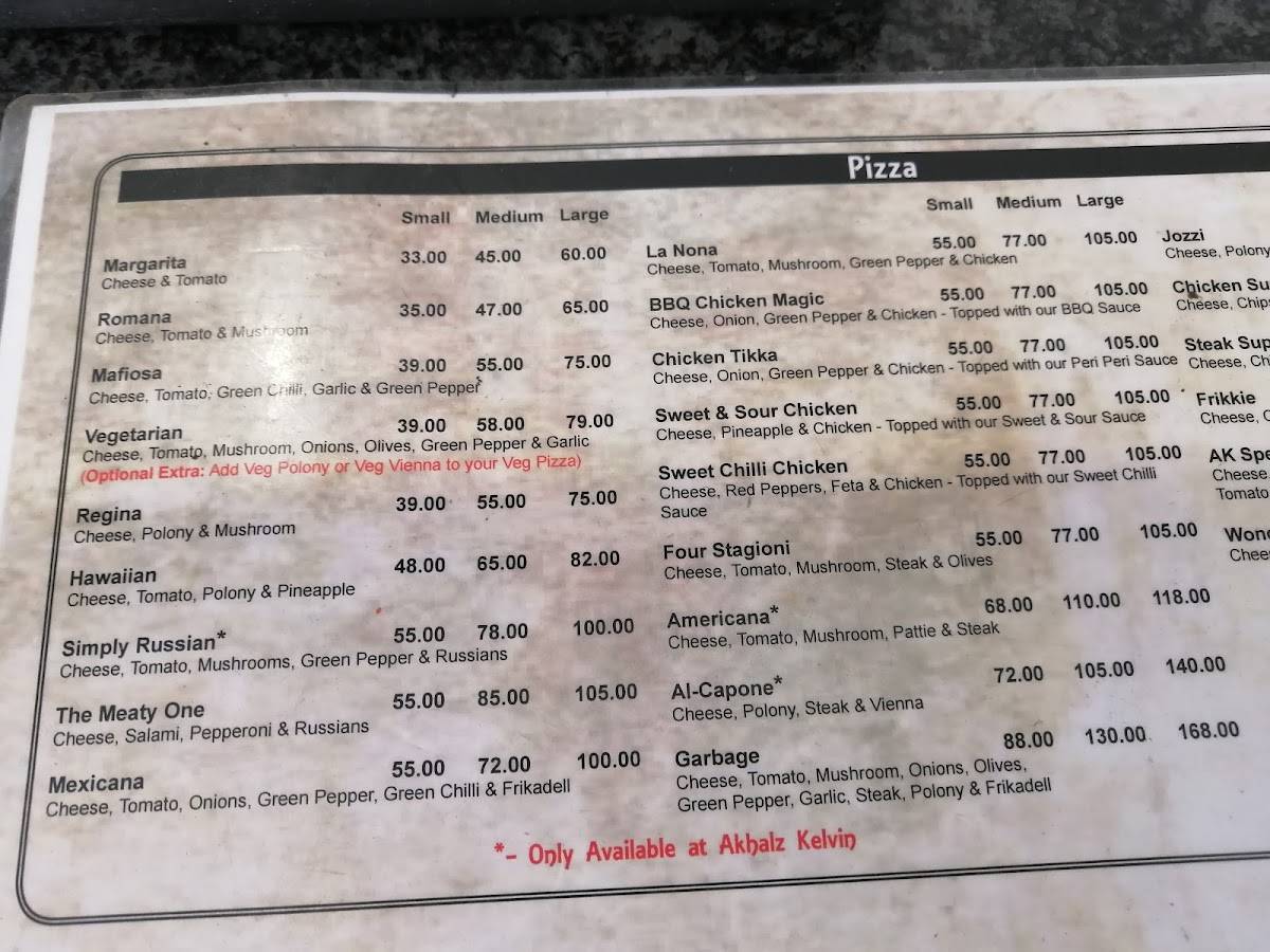 Menu at Akhalz Kelvin (Akhalwayas) restaurant, Johannesburg