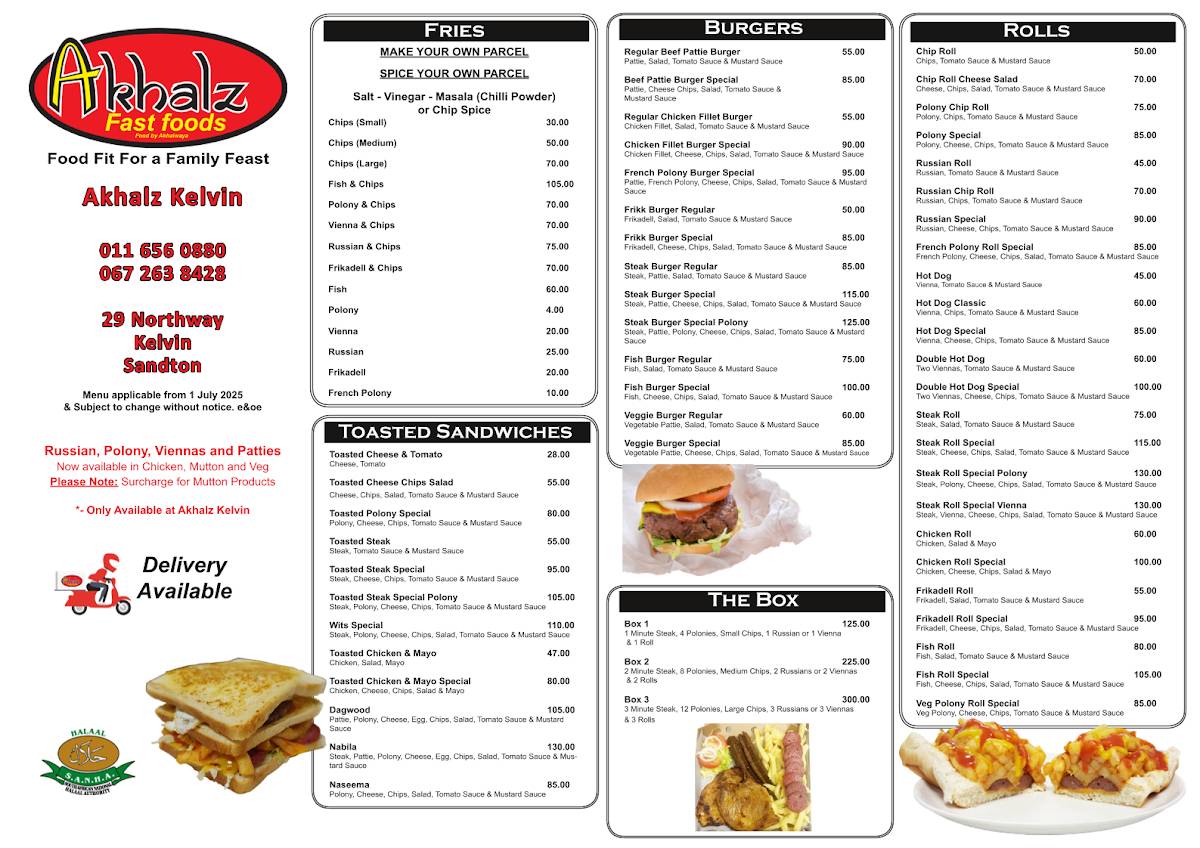 Menu at Akhalz Kelvin (Akhalwayas) restaurant, Sandton