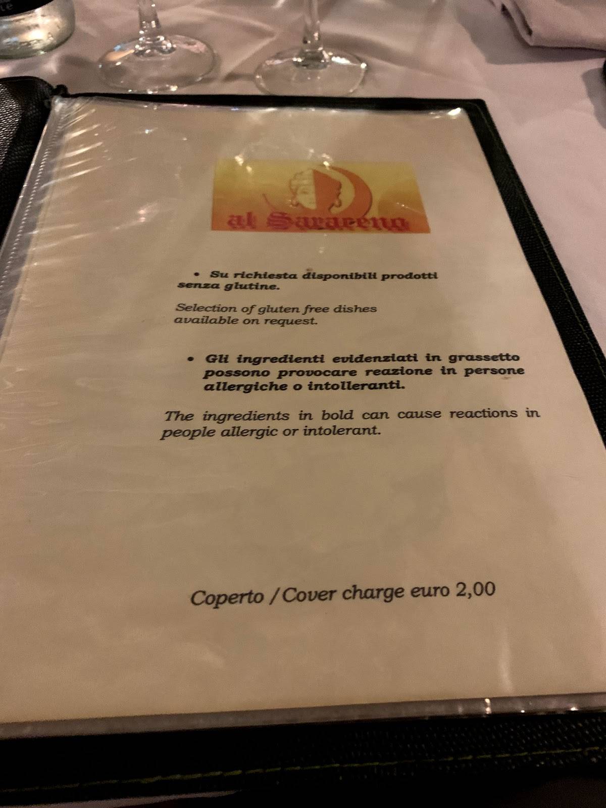 Menu at Al Saraceno restaurant, Taormina, Via Madonna della Rocca