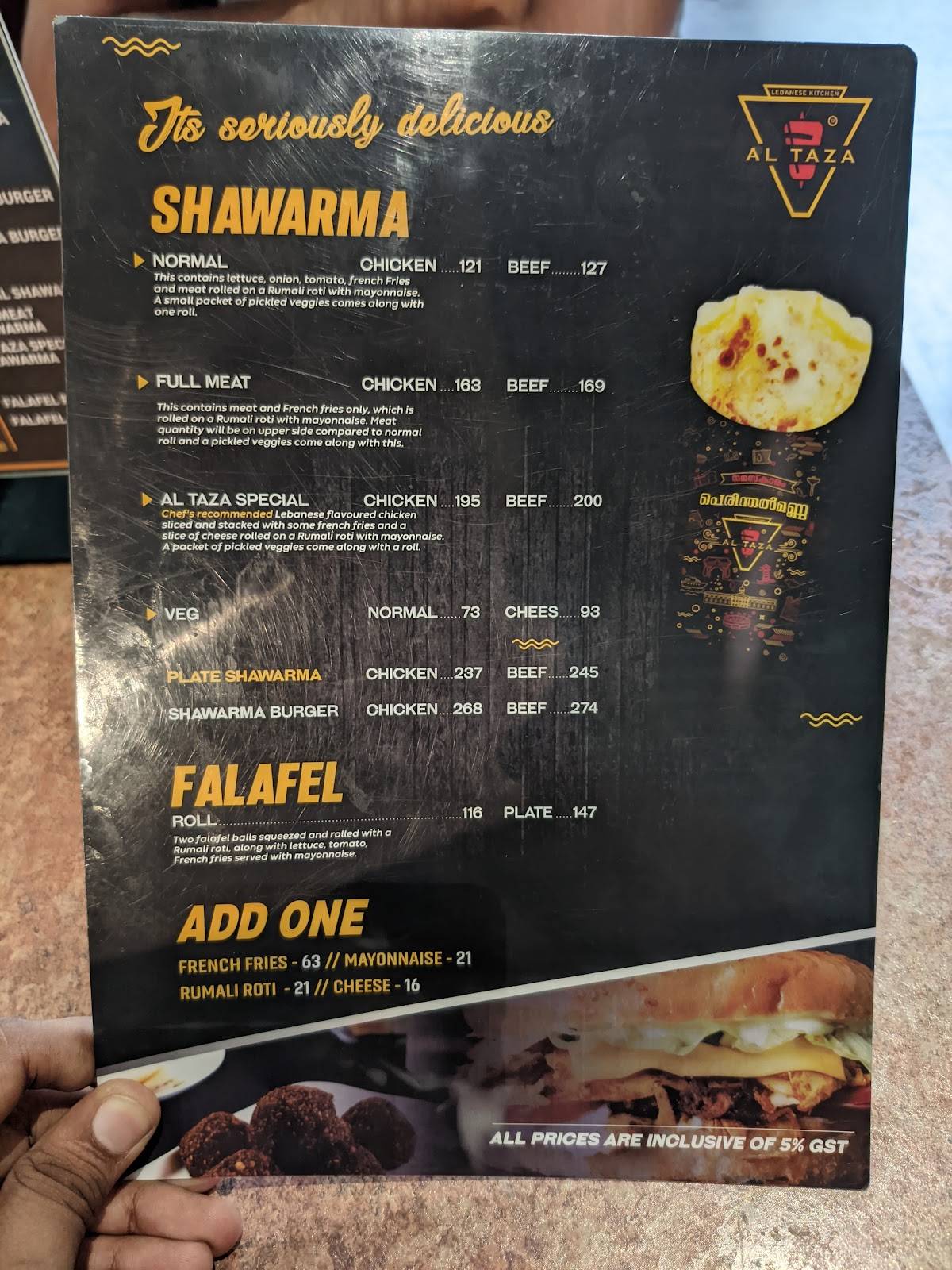 Menu at Al Taza Shawarma, India