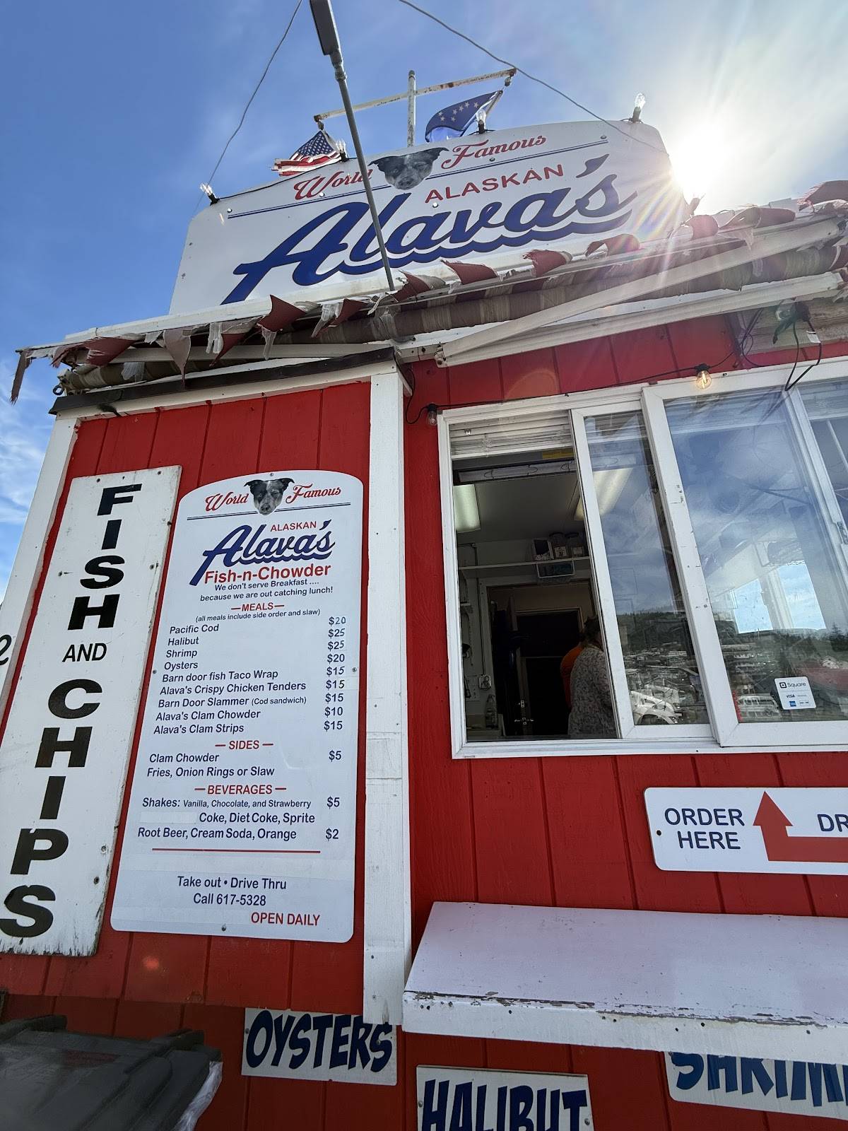 Menu at Alava's Fish-n-Chowder restaurant, Ketchikan, Tongass Ave