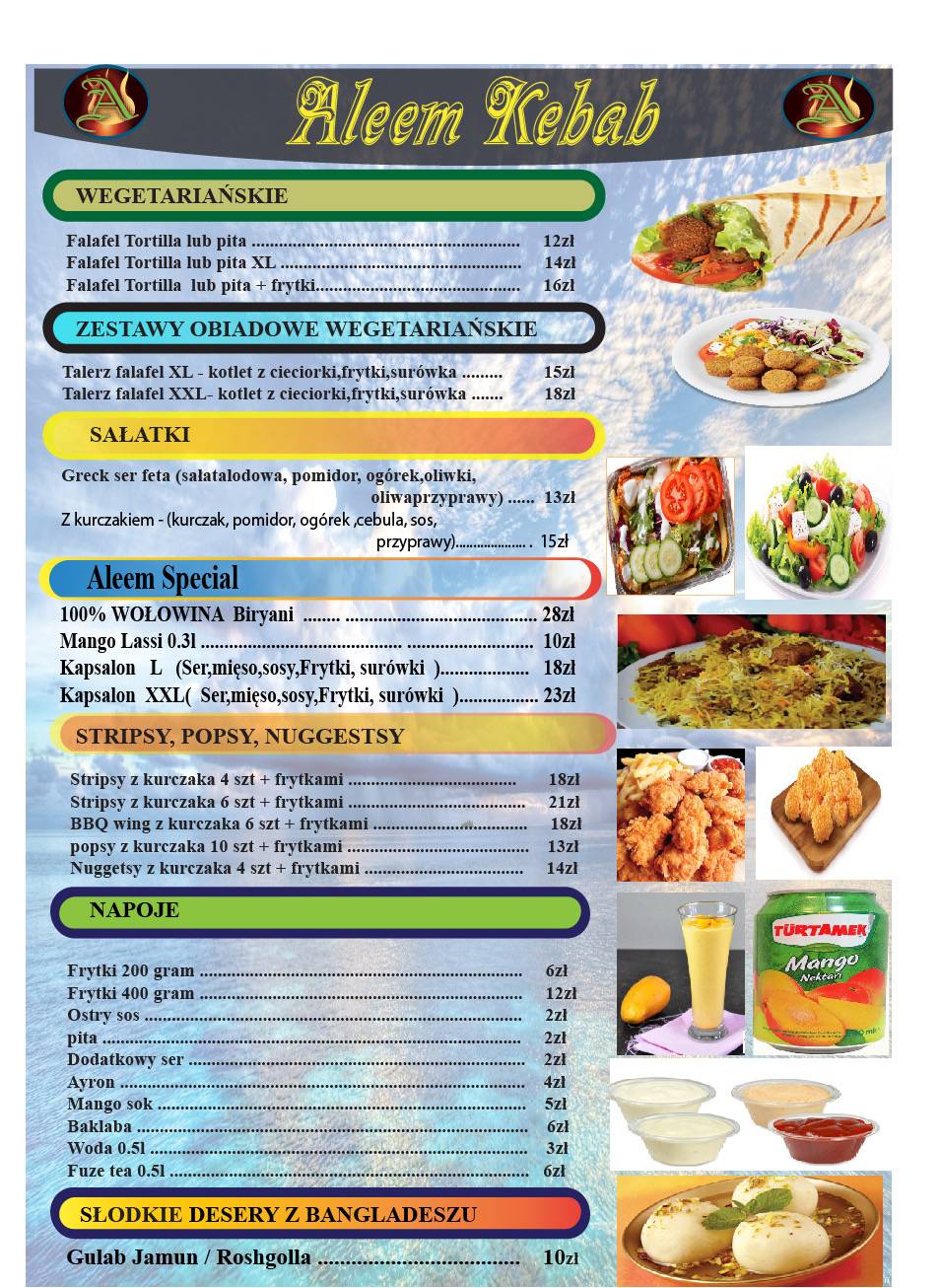 Menu at Aleem Kebab restaurant, Lomza