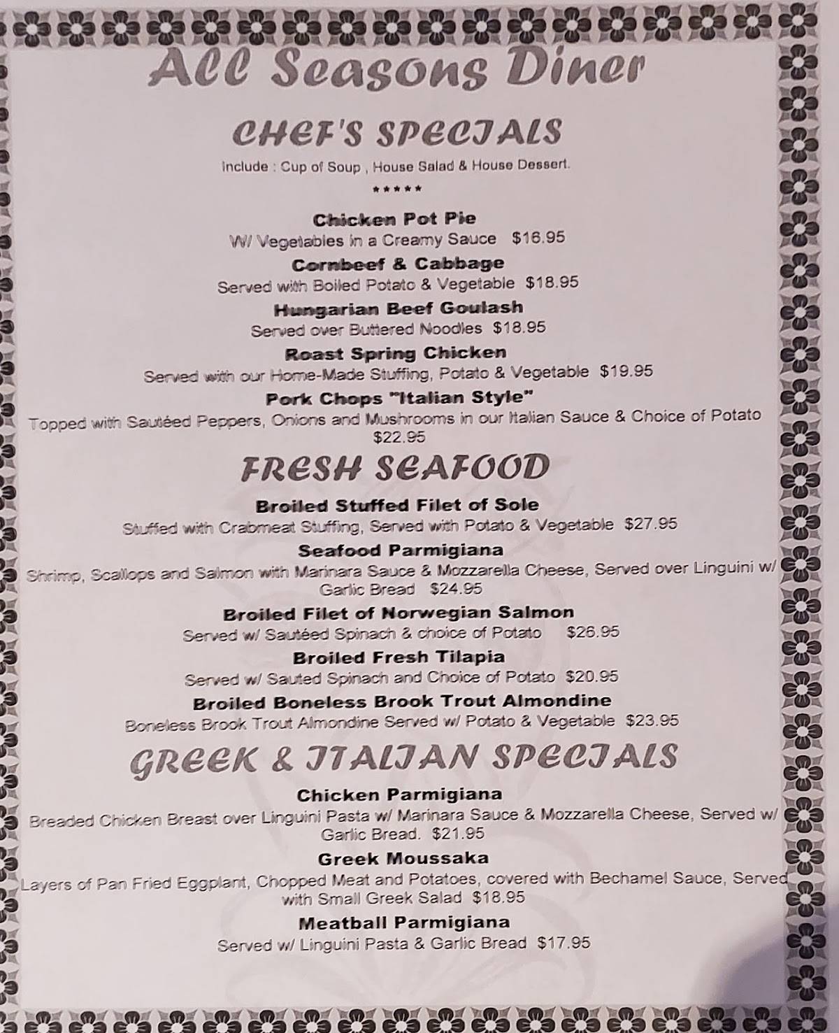 Menu at All Seasons Diner restaurant, Eatontown
