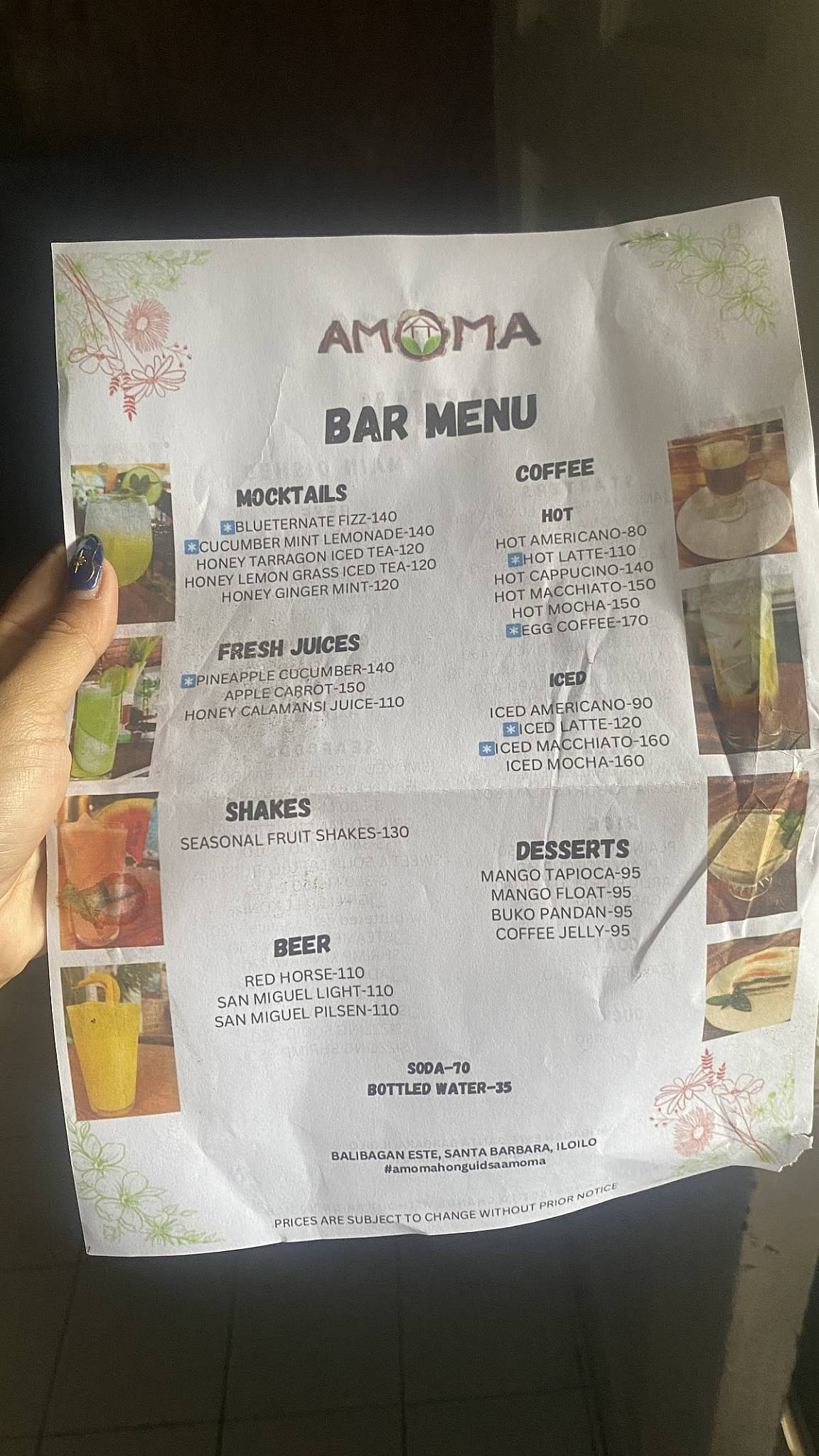 Menu at Amoma restaurant, Santa Barbara