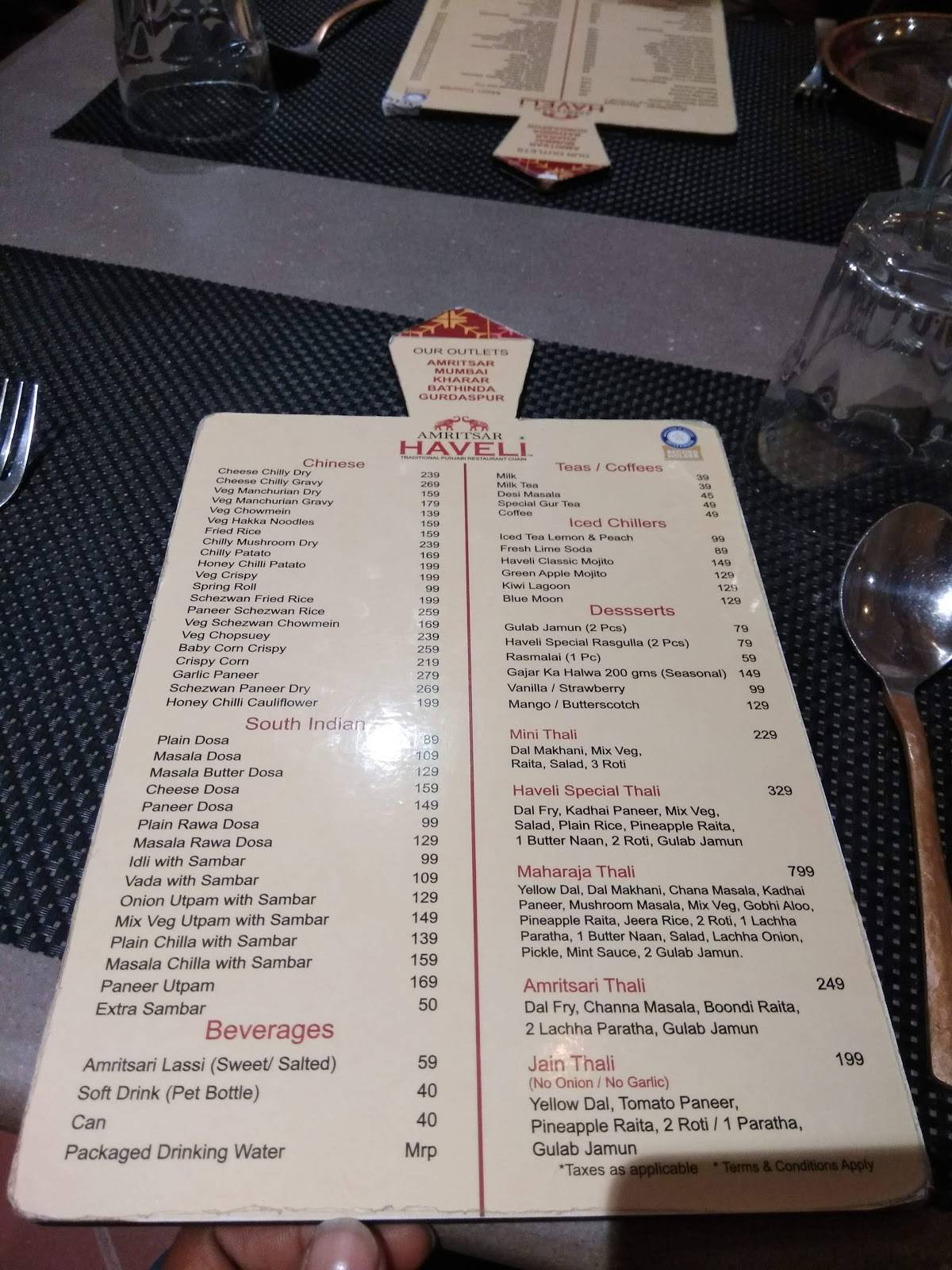 Menu at Amritsar Haveli, Bathinda