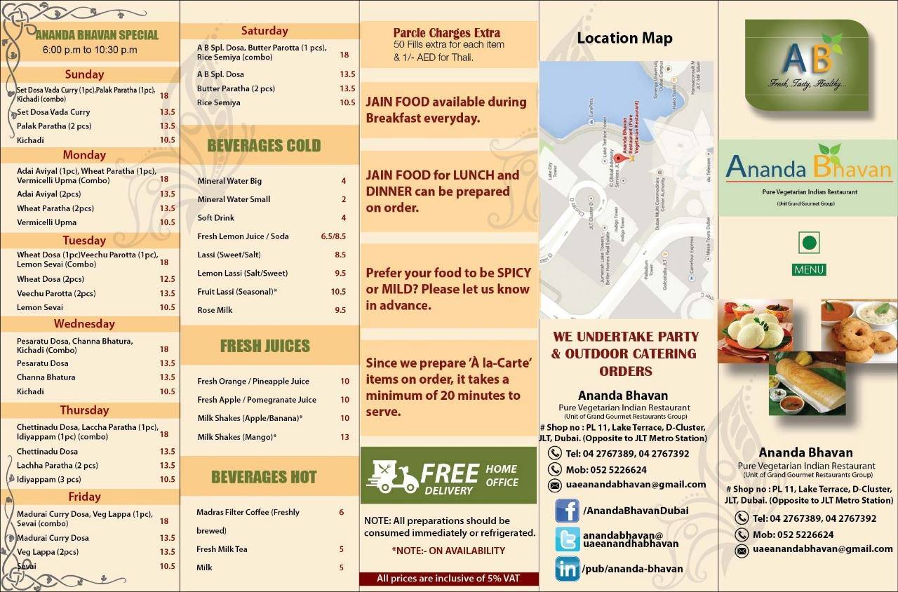 Menu at Ananda Bhavan Restaurant, Dubai
