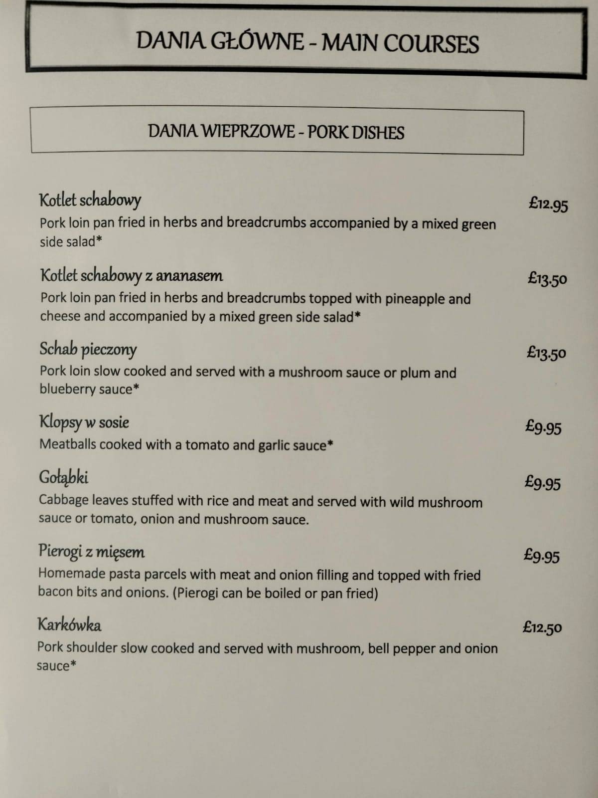 Menu at Ania Polish Restaurant, Nottingham