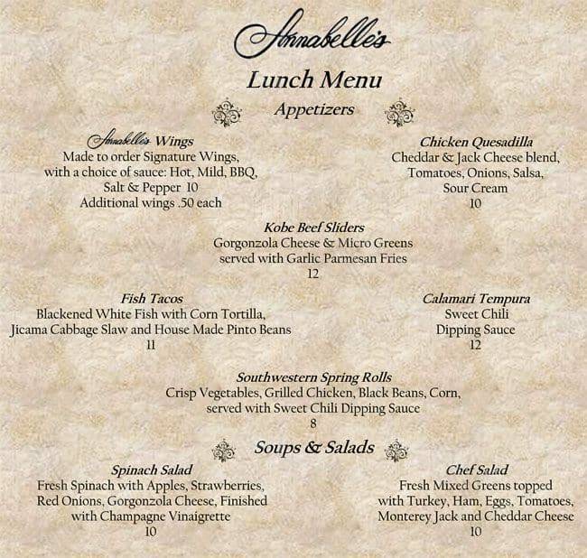 Menu at Annabelle's restaurant, Mesa, 425 S Power Rd