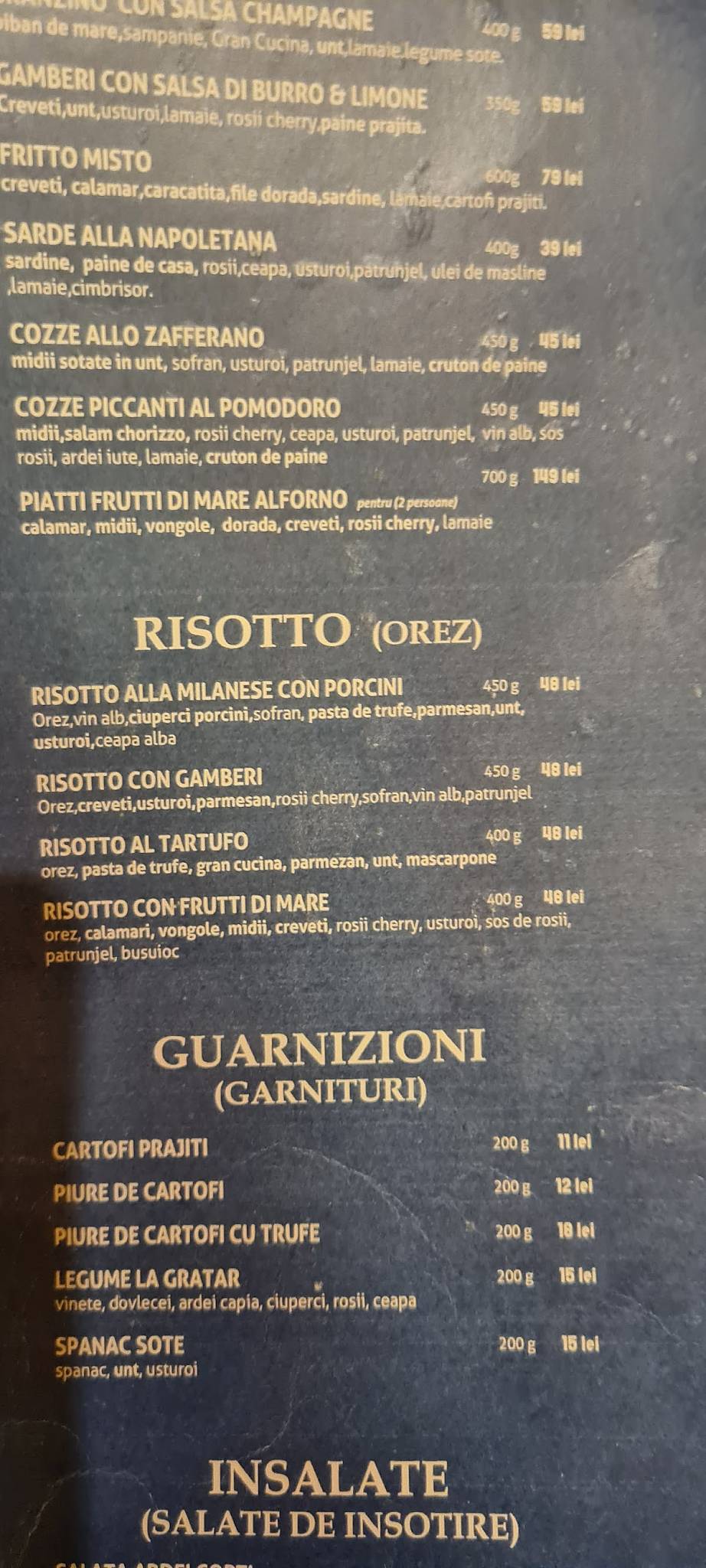 Carta de Restaurant Arancini, Bucarest