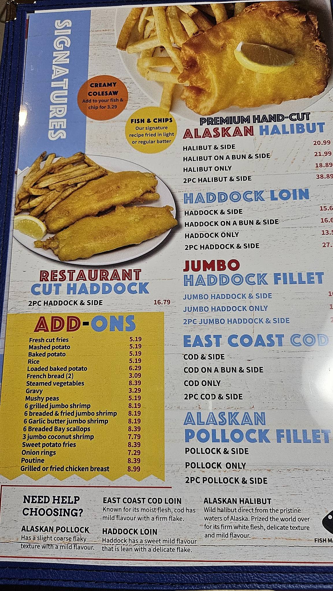 Menu at Archie's Fish & Chips restaurant, London, Huron St
