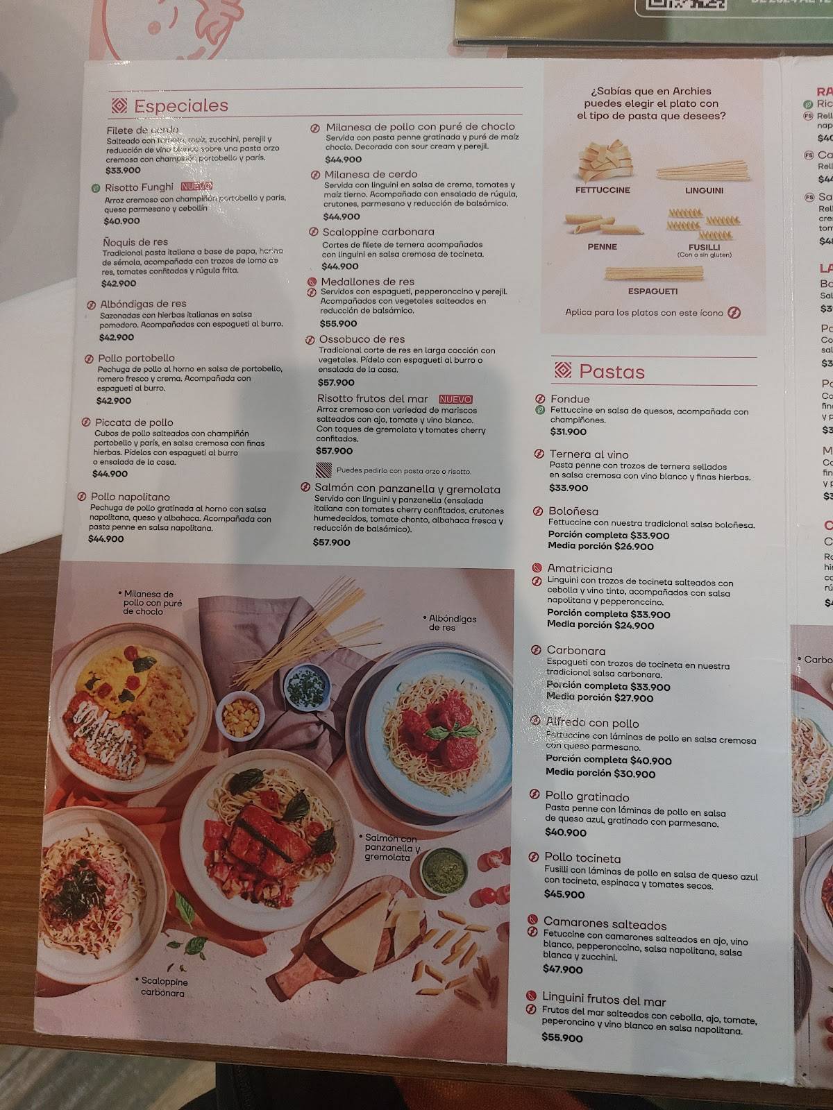 Carta del restaurante Archies, Bogotá, Ac. 26 #103-09