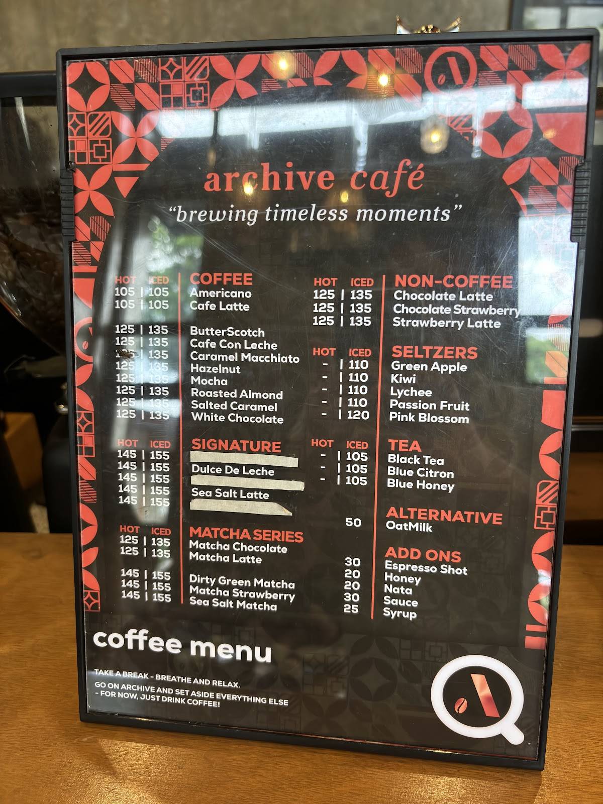 Menu at Archive Café, Tarlac City