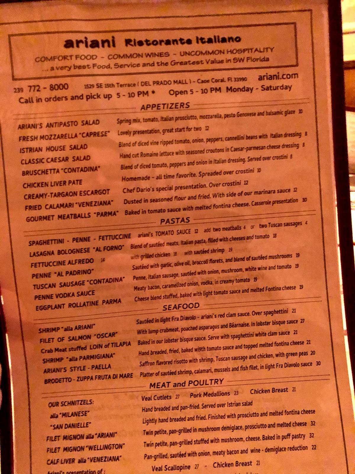 Menu at Ariani Ristorante Italiano restaurant, Cape Coral