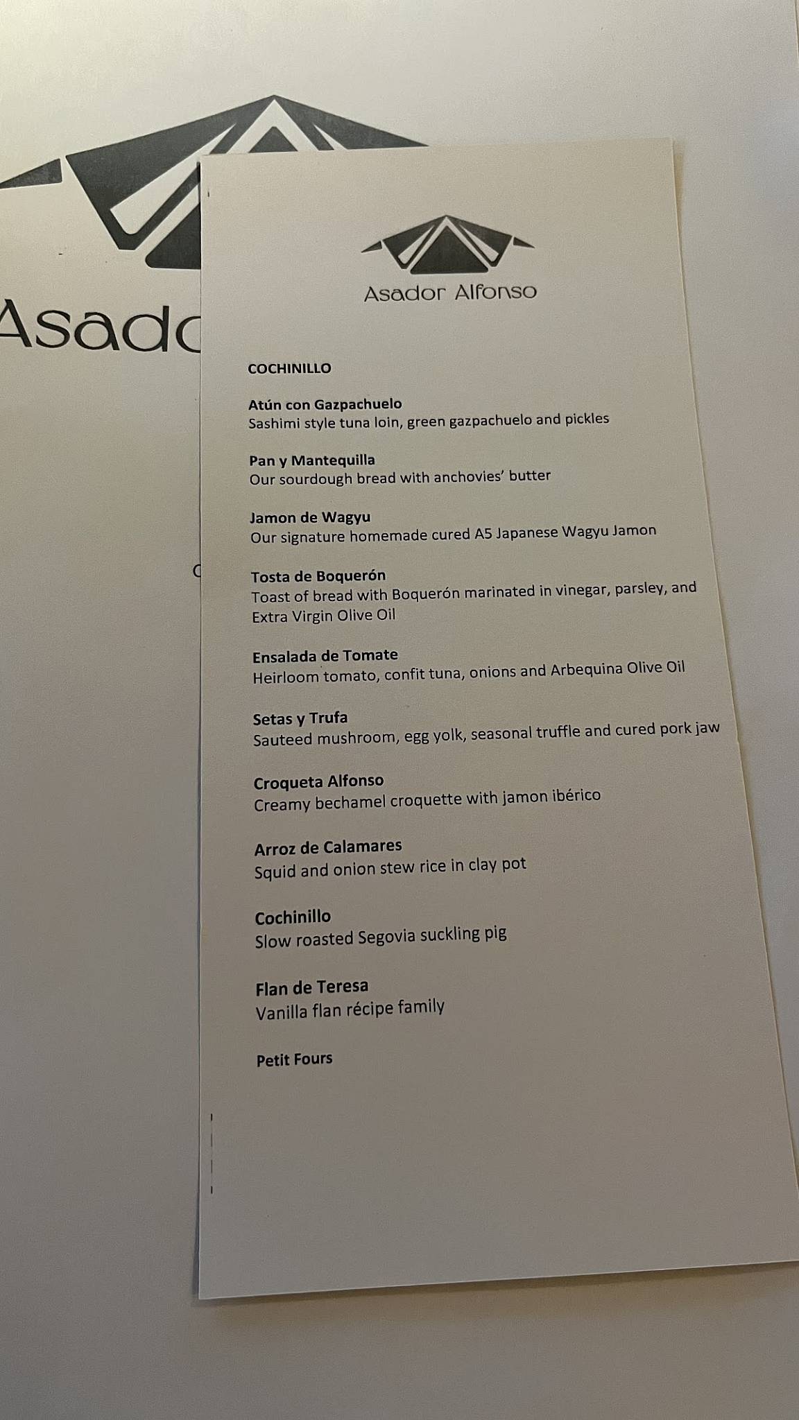 Menu at Asador Alfonso restaurant, Alfonso
