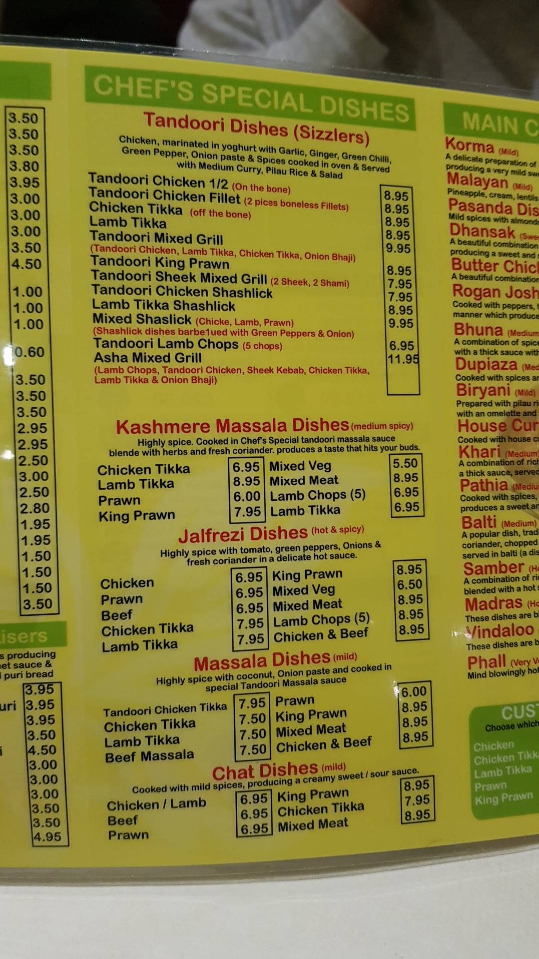 Menu at Asha's Indian Tandoori Restaurant, Rhyl