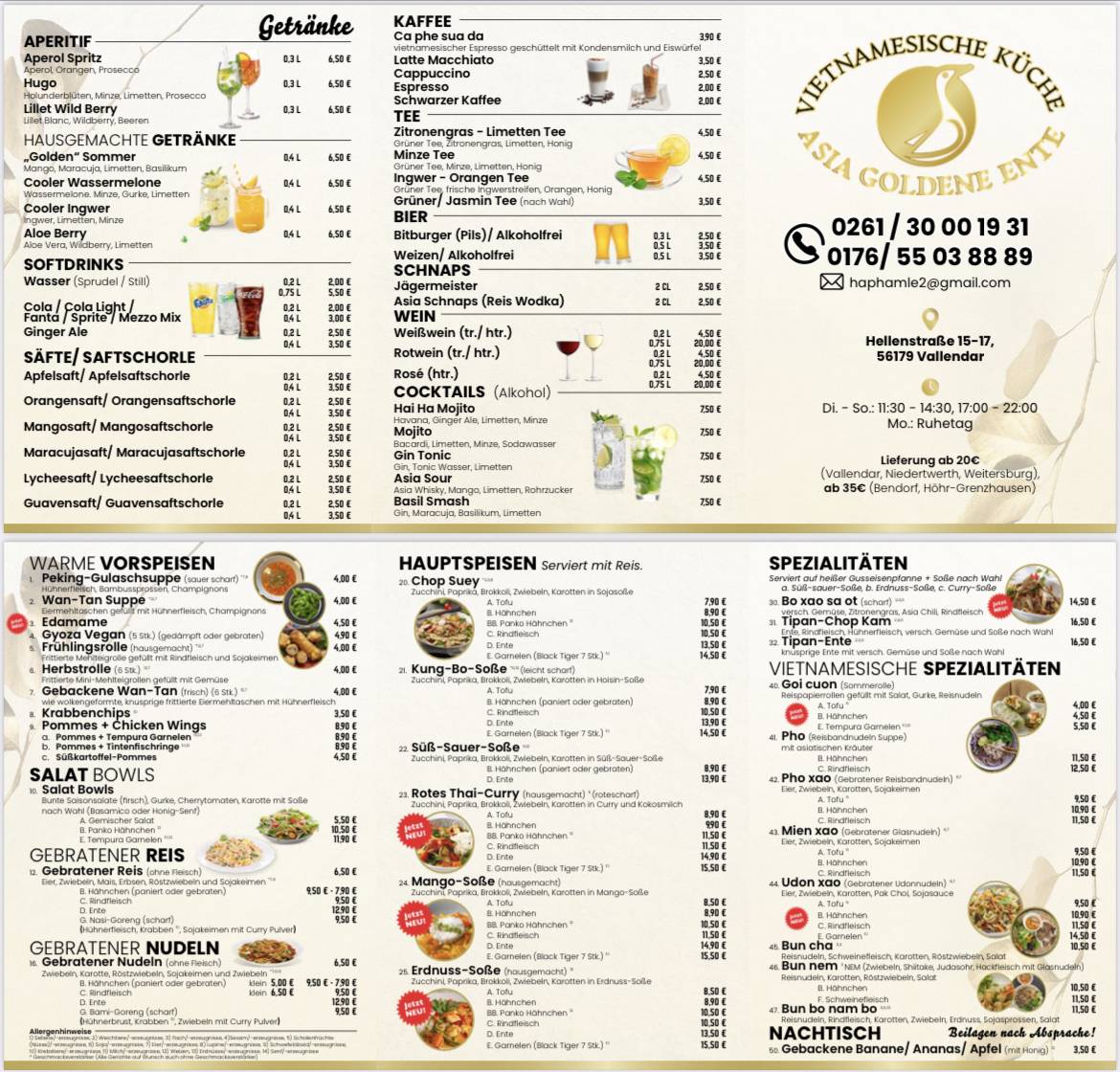 Speisekarte von Asia Goldene Ente restaurant, Vallendar