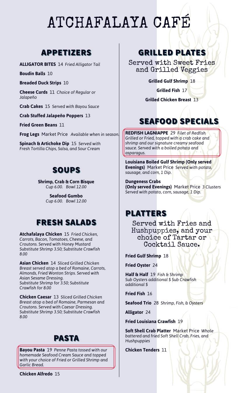 Menu at Atchafalaya Cafe, Morgan City, LA-182