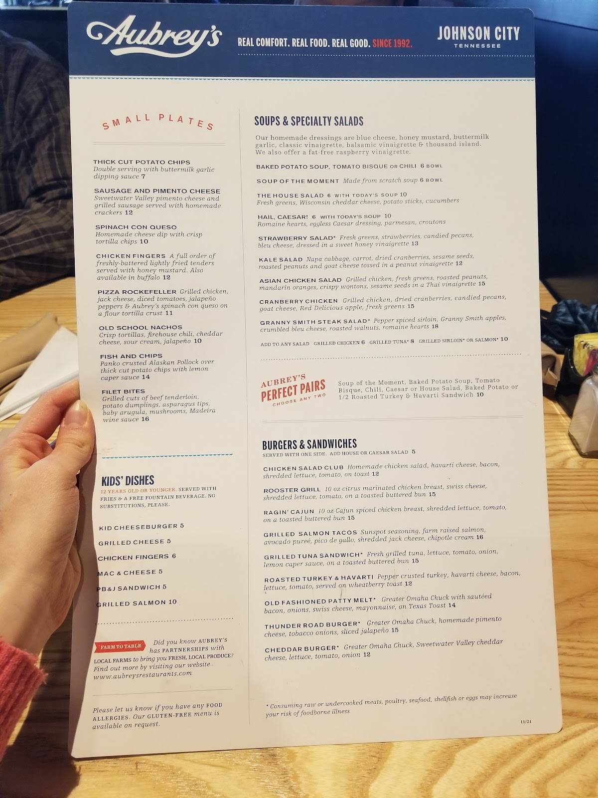 Menu at Aubrey's Johnson City restaurant, Johnson City