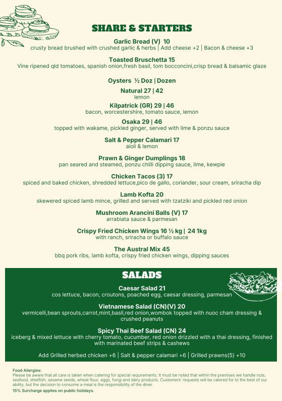 Menu at Austral Hotel restaurant, Mackay