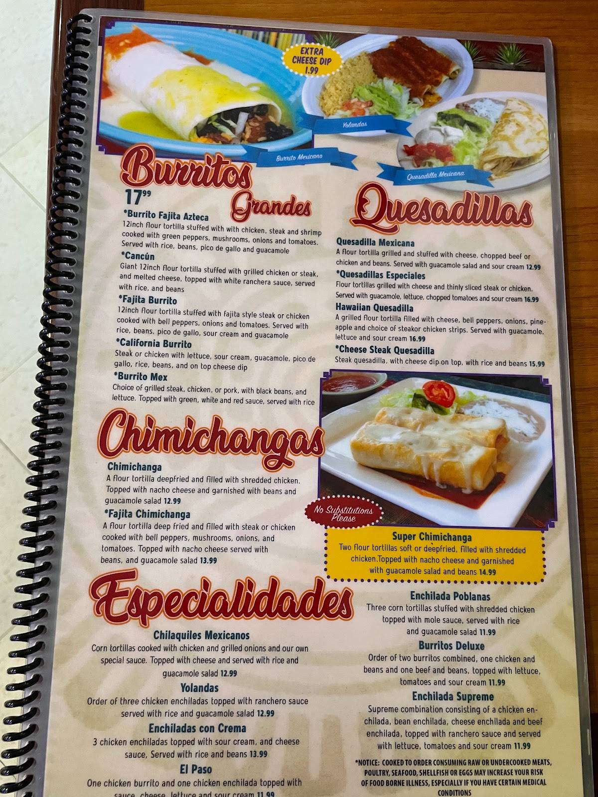 Menu at Azteca Grill restaurant, Lake Wylie