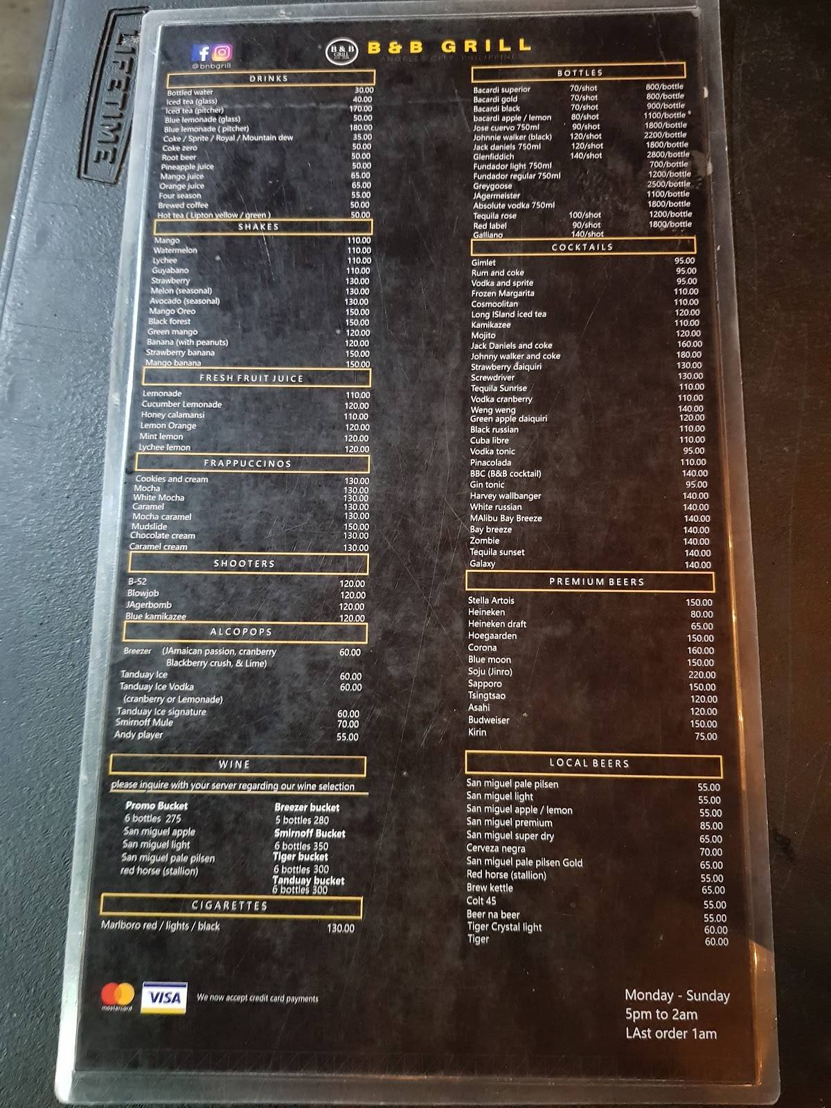 Menu at B&B Grill restaurant, Angeles, 5H5J+FPC Barangay