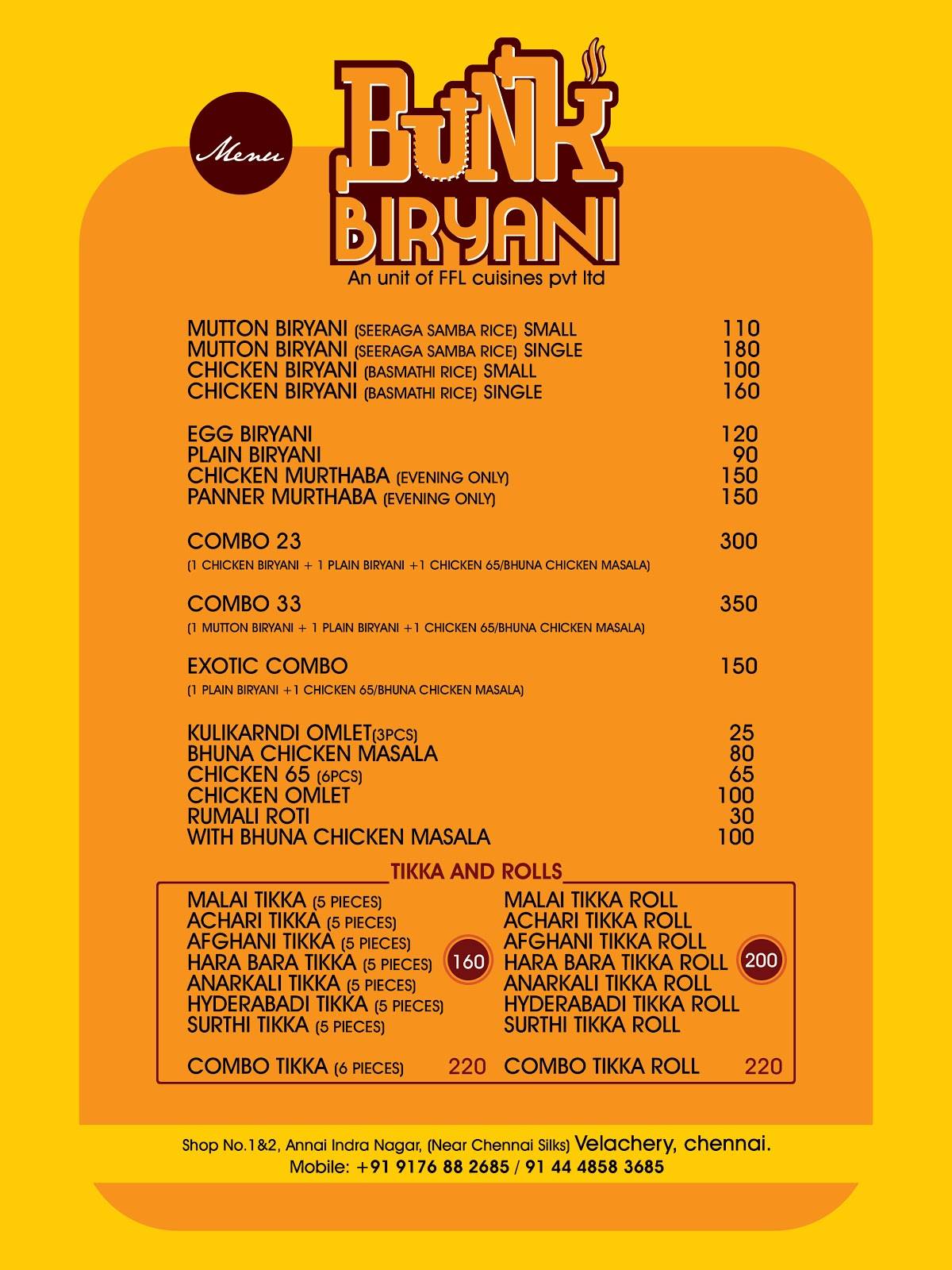 Menu at BUNK BIRYANI, Chennai