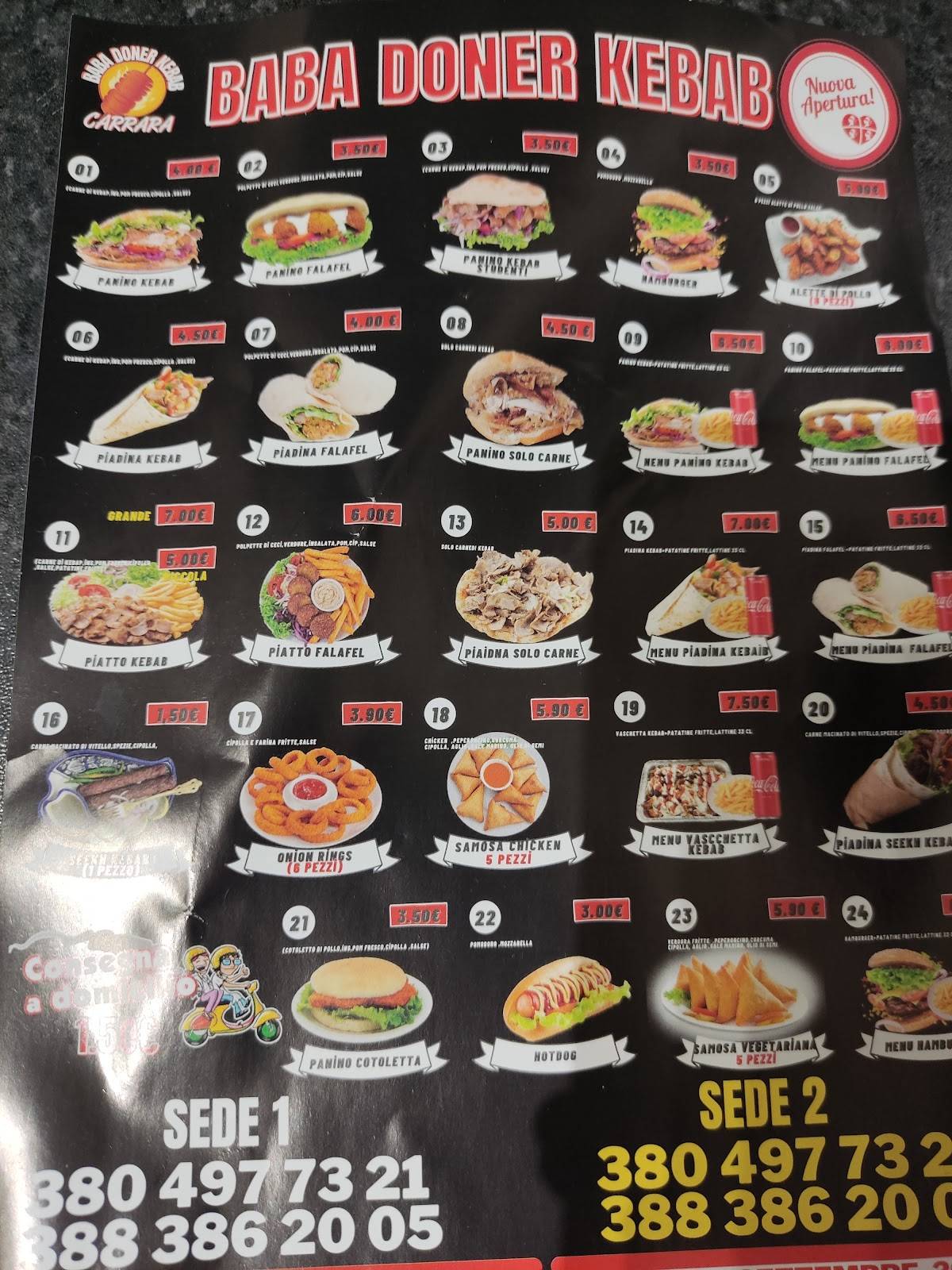 Menu da Baba Doner Kabab ristorante, Carrara