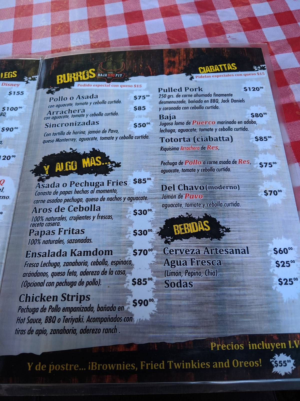 Menu at Baja BBQ Pit, Tijuana, 11 y o Plutarco Elías Calles 1984