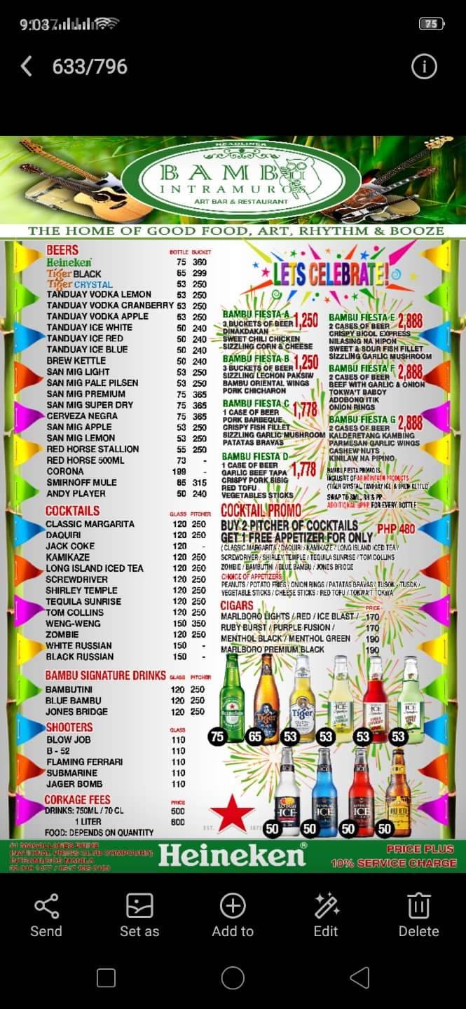 Menu at Bambu Intramuros restaurant, Manila