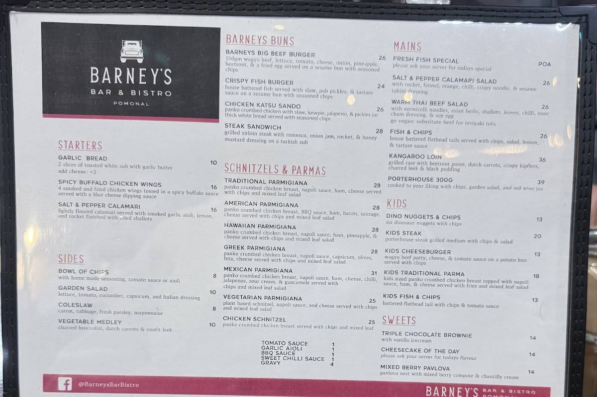 Menu at Barney's Bar & Bistro, Pomonal